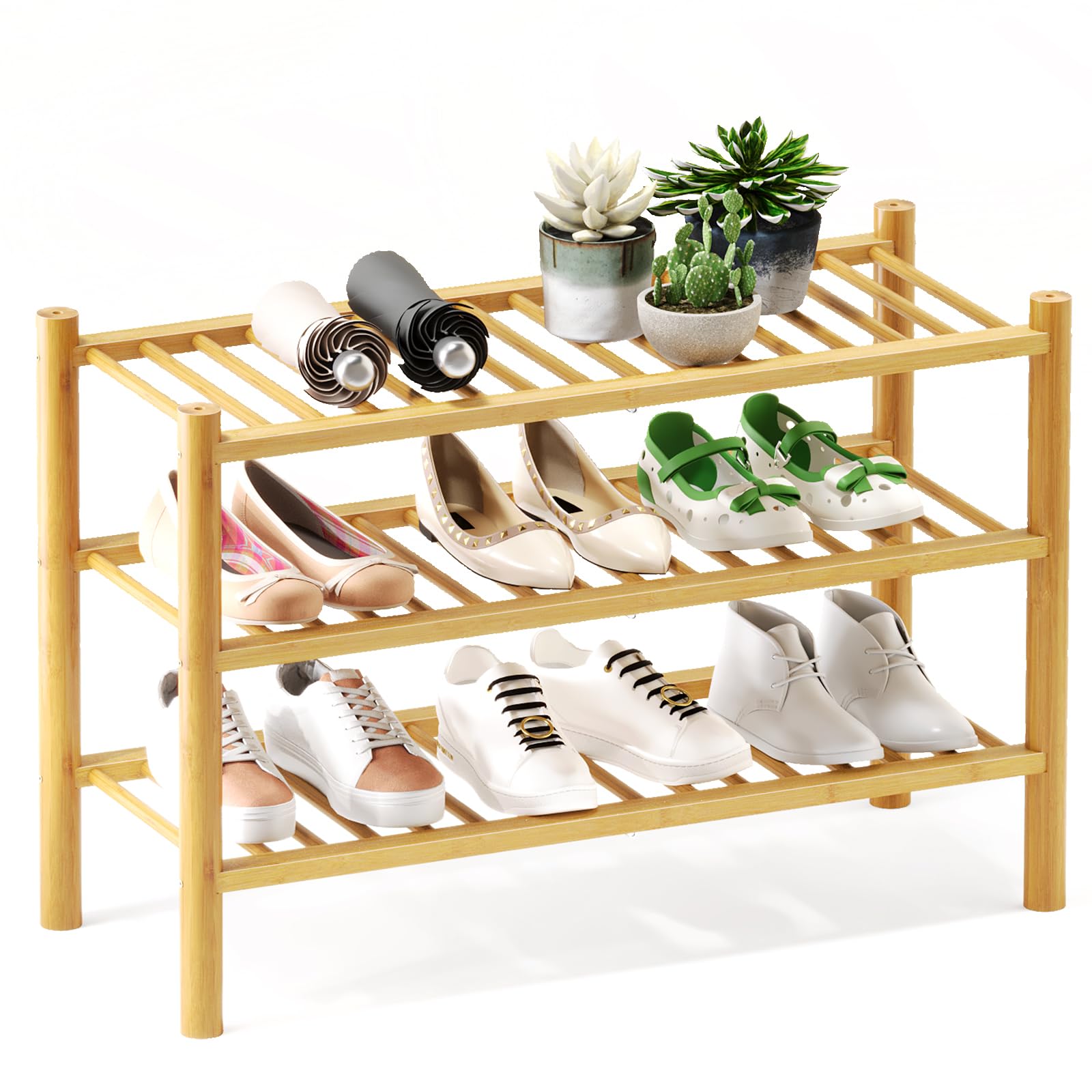 Fibogollo Shoe Rack,3-Tier Stackable Shoe Organizer,Bamboo Shoe Shelf ...