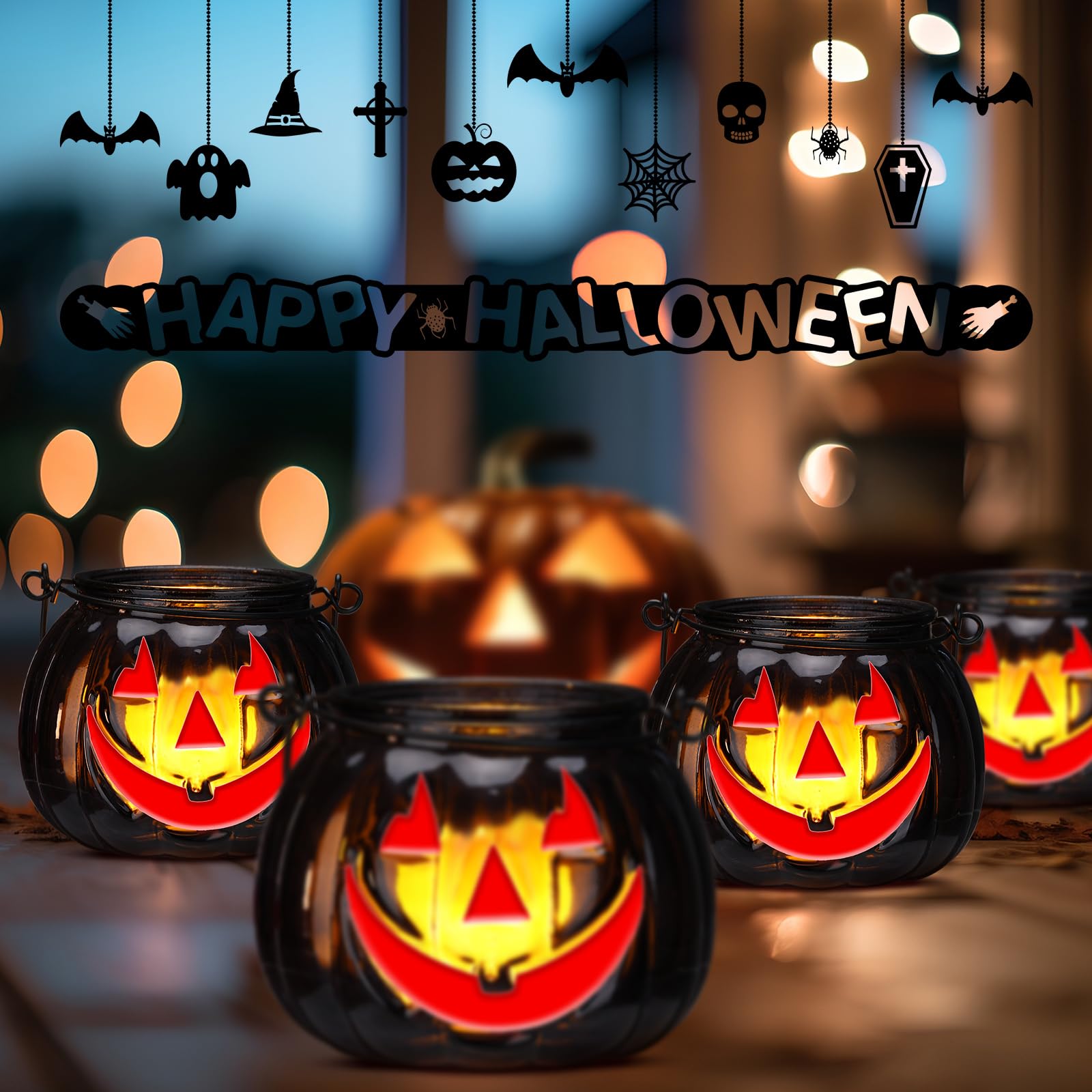 Teenyyou 6 Pack Halloween Pumpkin Candle Holders Halloween Glass ...