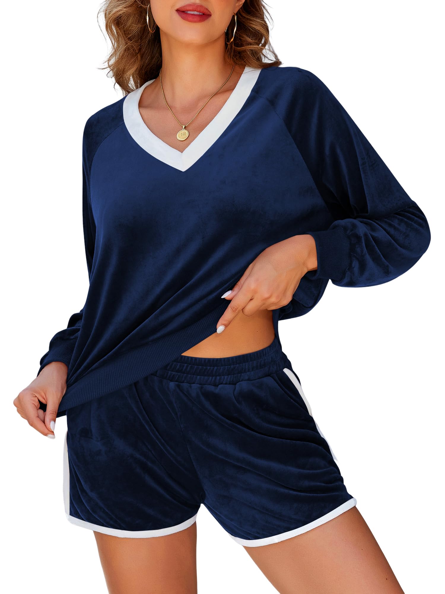 ZAFUL Two Piece Sets for Women 2 Pockets Sweat Short Set 2024 V Neck ...