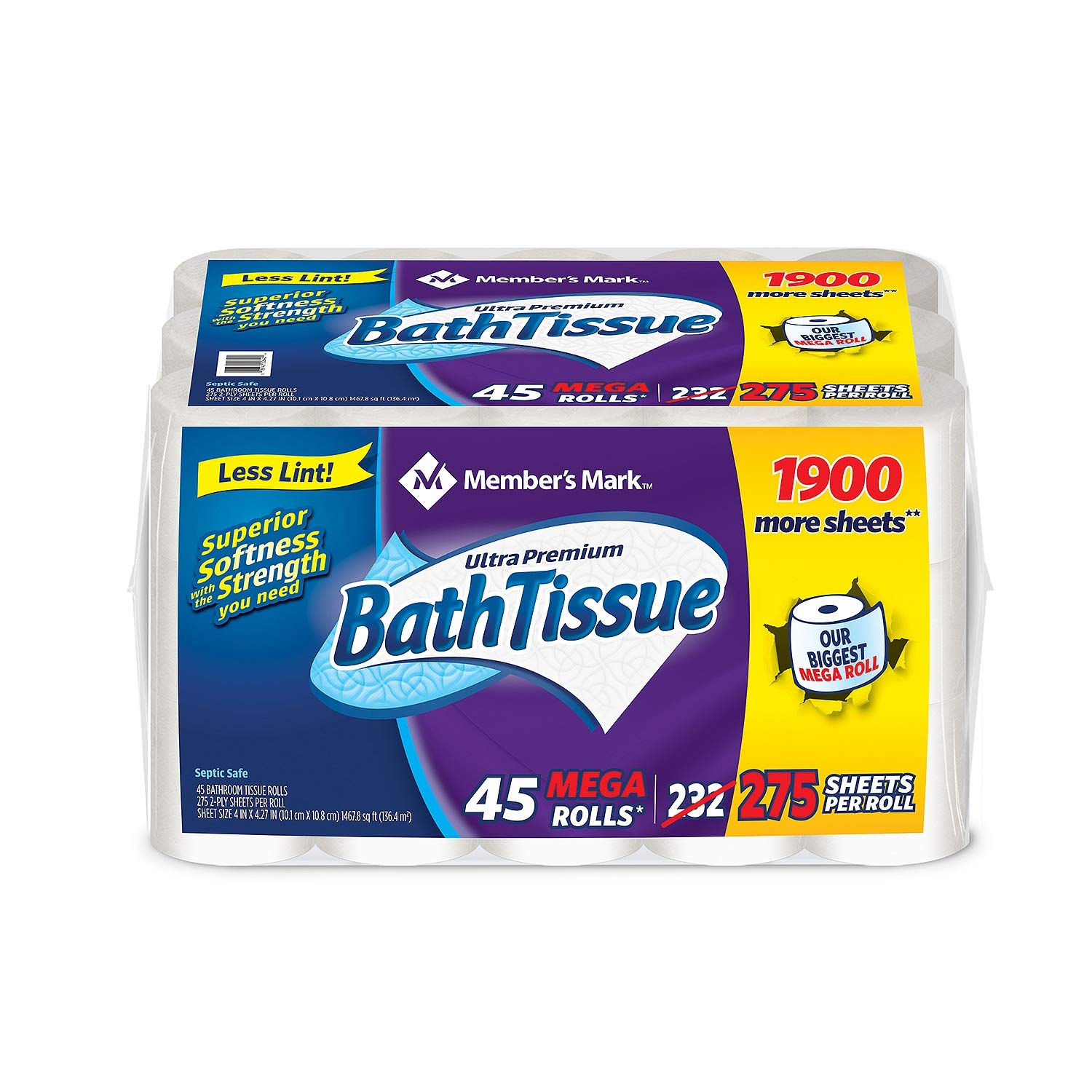 2-Ply Mega Roll 275 sheets, 45 rolls Members Mark Ultra Premium Bath ...