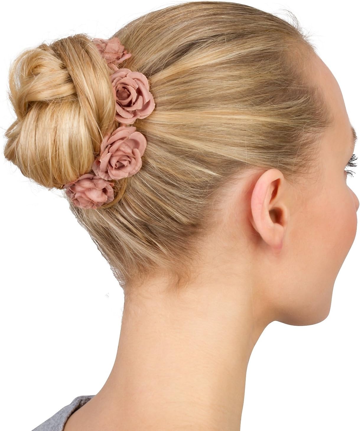 SIX - 1 pc. of Elastic Bun Ring With Pink Rose Blossoms, Hair Band ...