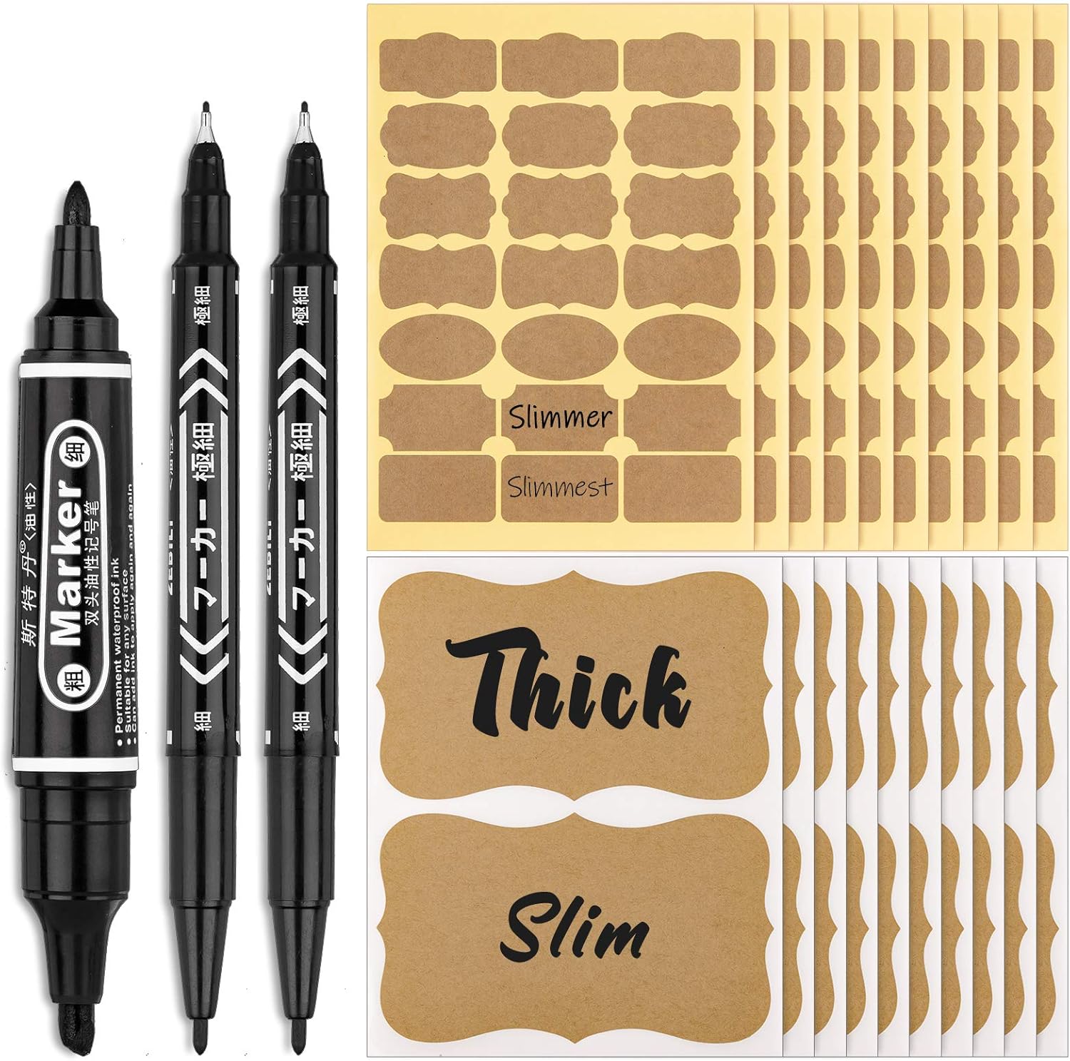 Whaline 230Pcs Kraft Paper Labels Stickers Kit with 3 Black Marker Pens ...