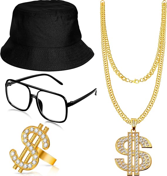 Hip Hop Costume Kit Bucket Hat Sunglasses Gold Chain Ring 80s/90s ...