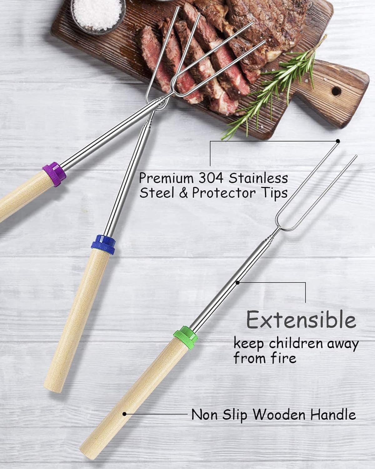 Ubrand Set of 8 BBQ Forks Marshmallow Roasting Stick, Telescoping Extendable Rotating Smores Kit ...
