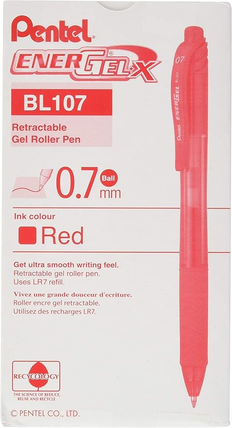 Pentel Energel-BL107-BX Tip Retractable Pen, 0.7 mm - Red (Pack of 12 ...