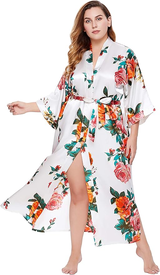 BABEYOND Kimono Robe Plus Size Long Floral Satin Robes Plus Size Kimono ...
