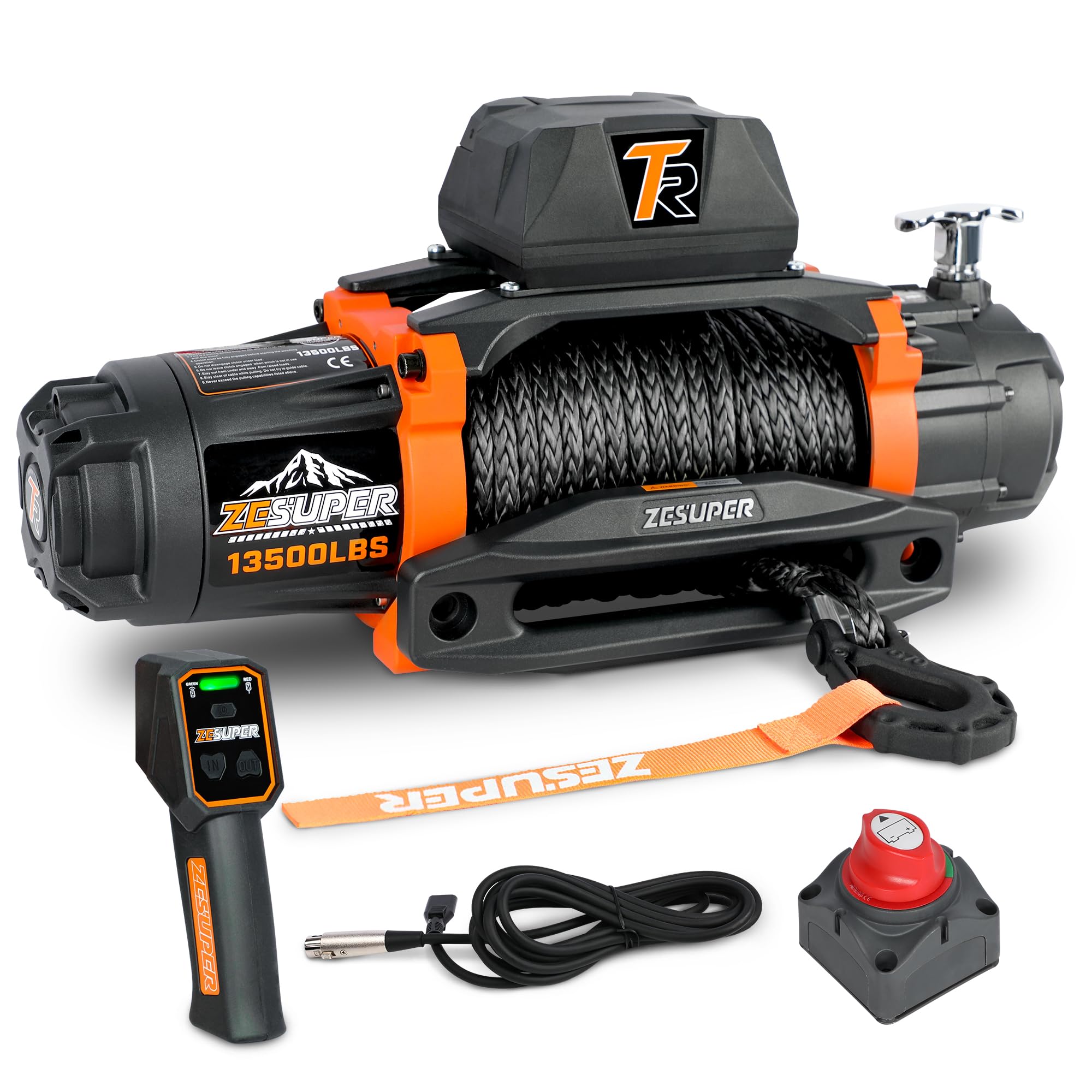 ZESUPER 13500 lb Load Capacity 12V Electric Winch 100ft Synthetic Rope ...