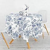 Amazon.com: Blue and White Floral Round Tablecloth 60 Inch, Elegant ...