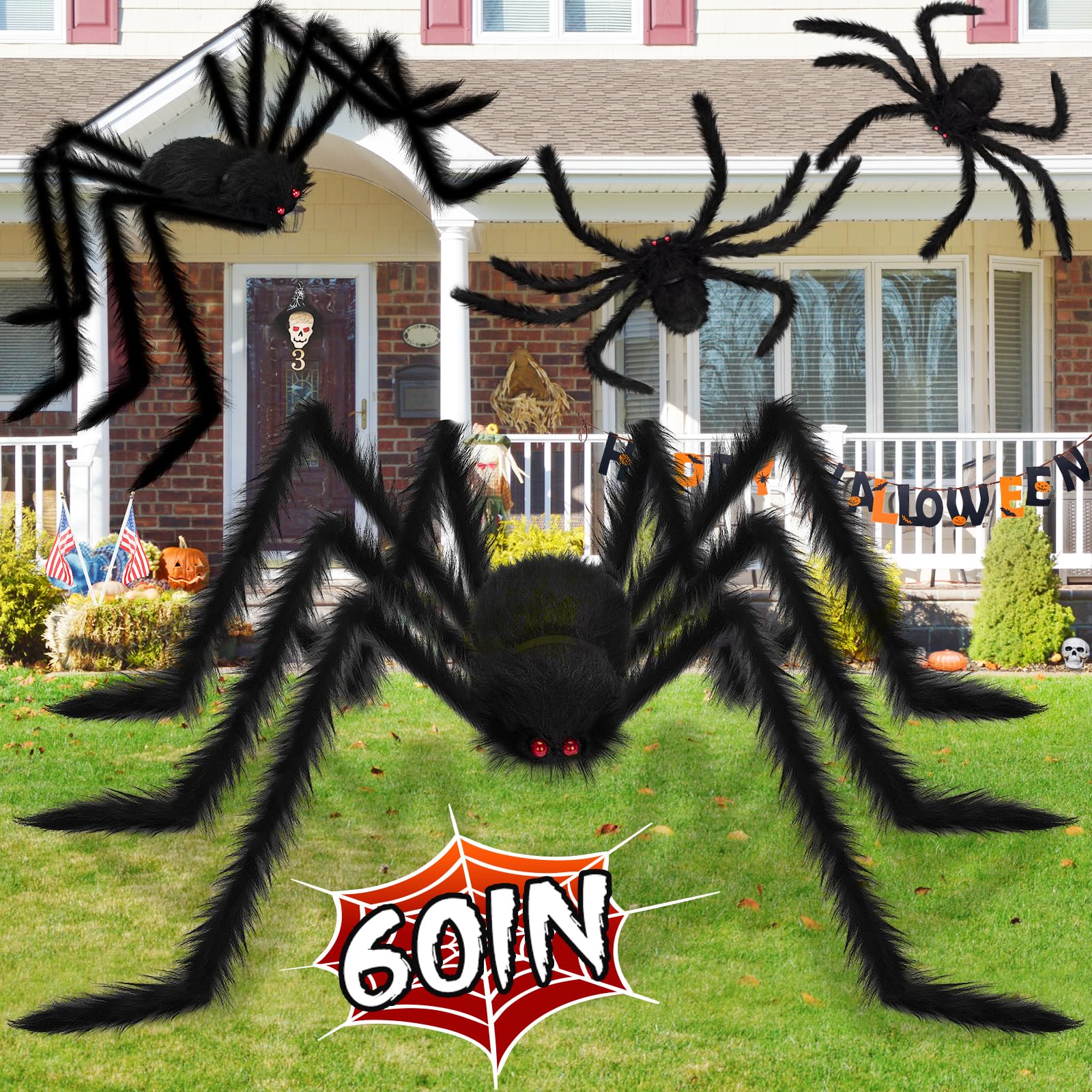4 Pack Giant Spider Halloween Decorations, Large Realistic Fake Spiders ...