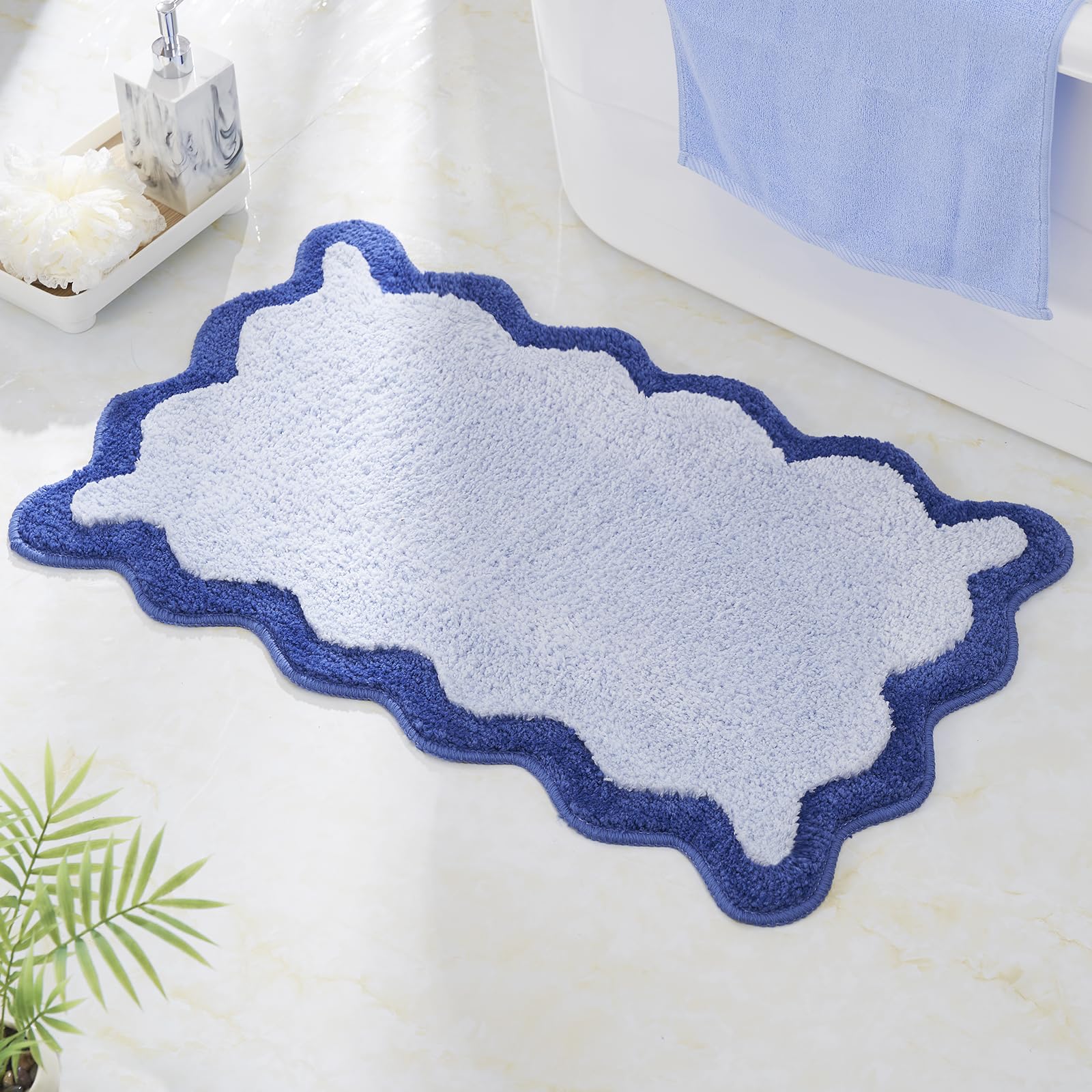 DyeFury Luxury Cute Bathroom Rugs, Blue Bath Mat W/Navy Blue Scalloped ...