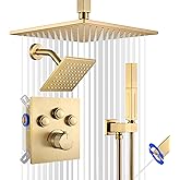 VANFOXLE Thermostatic Shower Faucet Set Brushed Gold Shower System,Push Button Diverter Shower ...