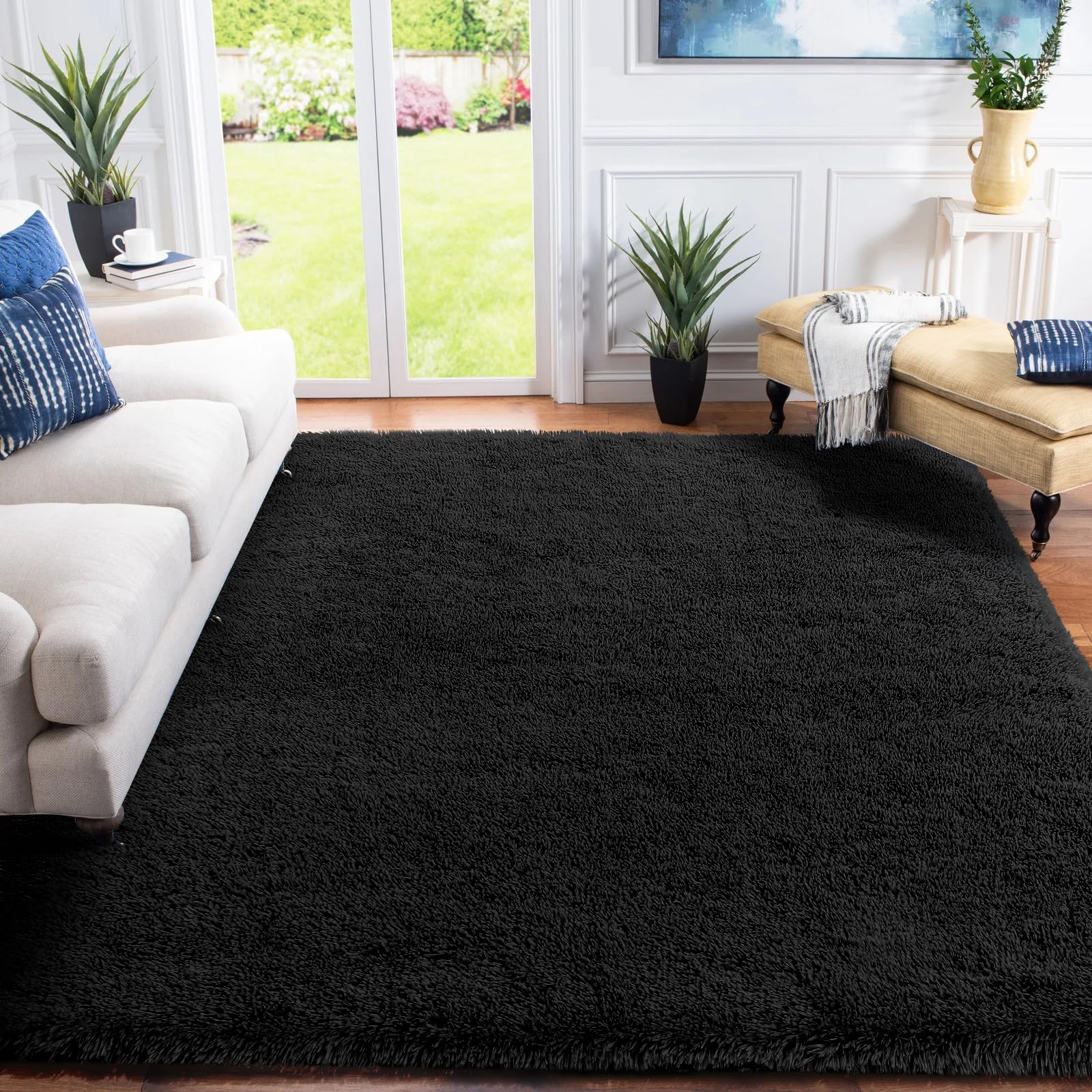 XSIVOD Black Shaggy Rugs for Living Room, Ultra Soft Plush Fluffy ...