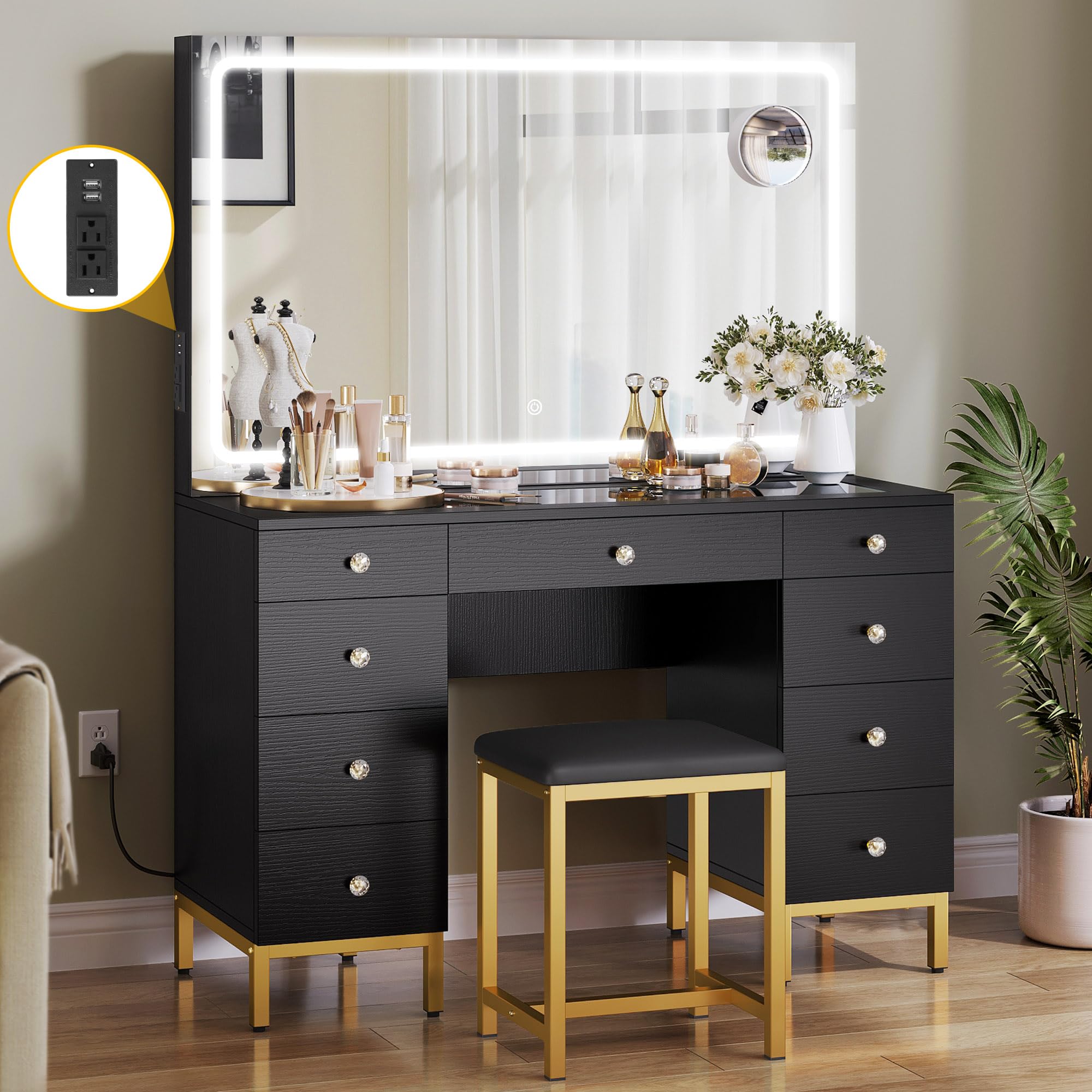 YITAHOME Vanity Desk Set, with XL LED Lighted Mirror Magnifying Glass & Power Outlet, 9 Drawers ...