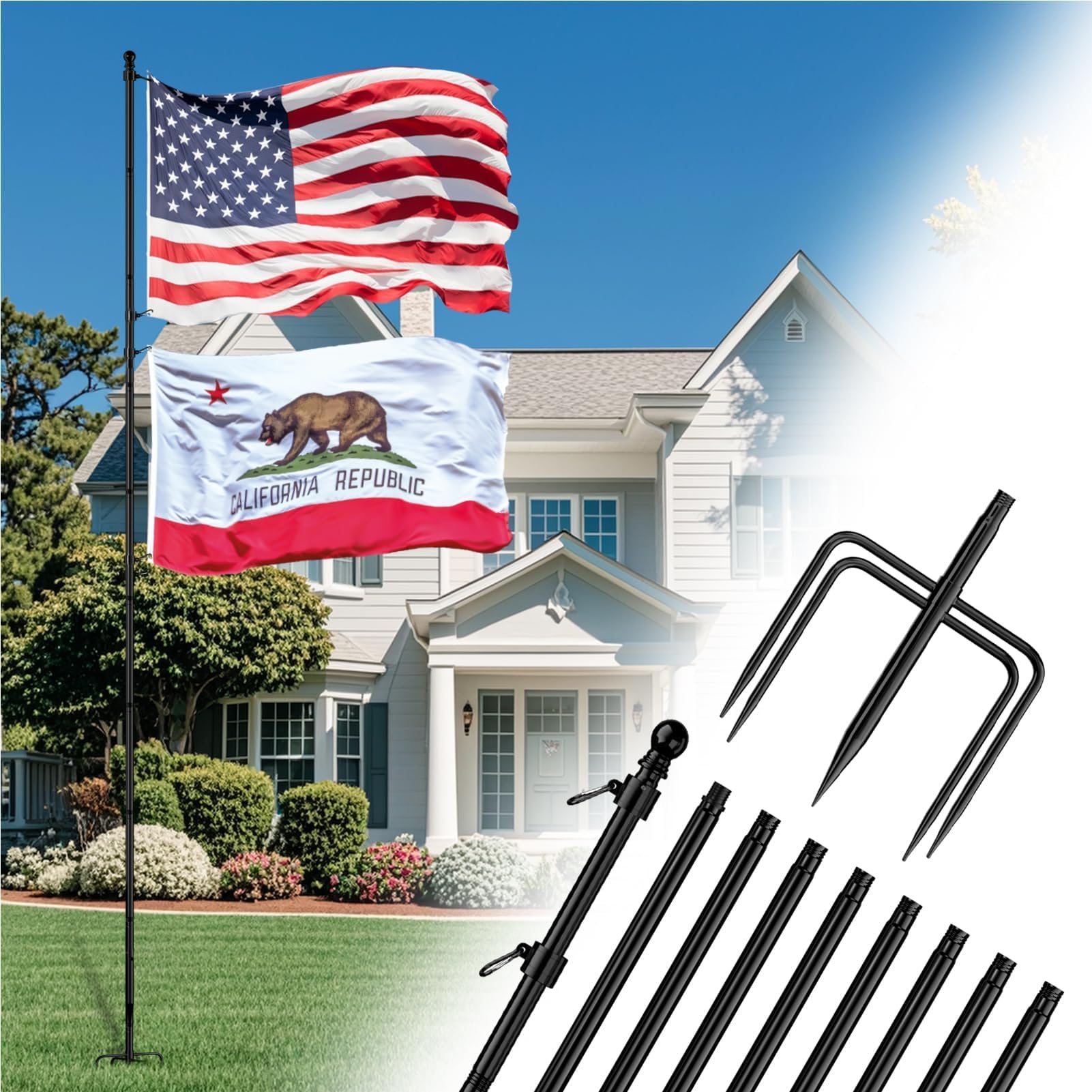 ZMTECH 12FT Heavy Duty Flag Pole with 5 Pronges Base in Ground for Yard ...