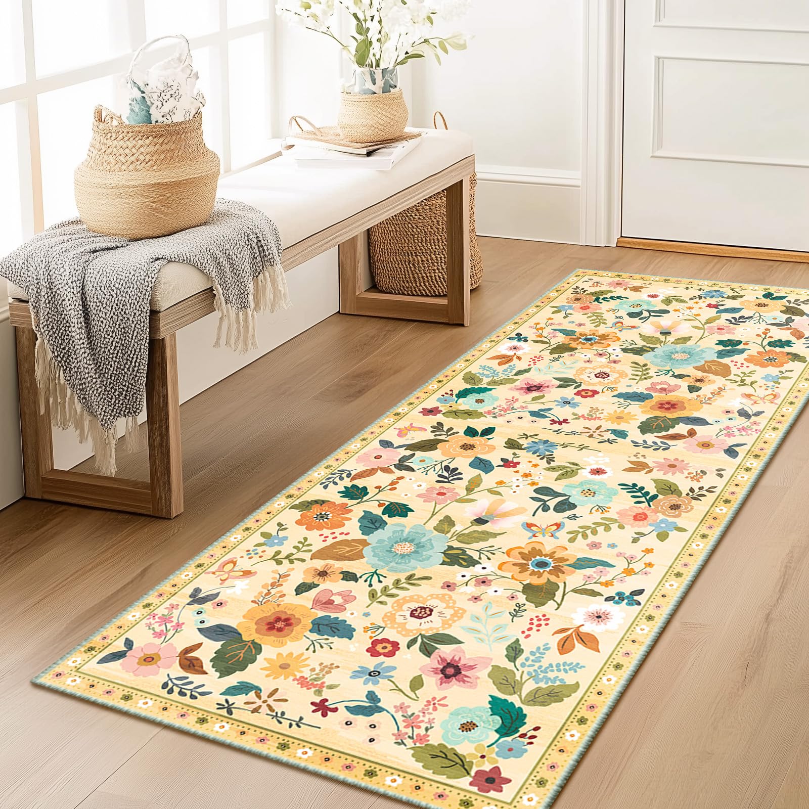 RELEANY Floral 2x8 Area Rug Machine Washable Soft Print Boho Carpet Non ...