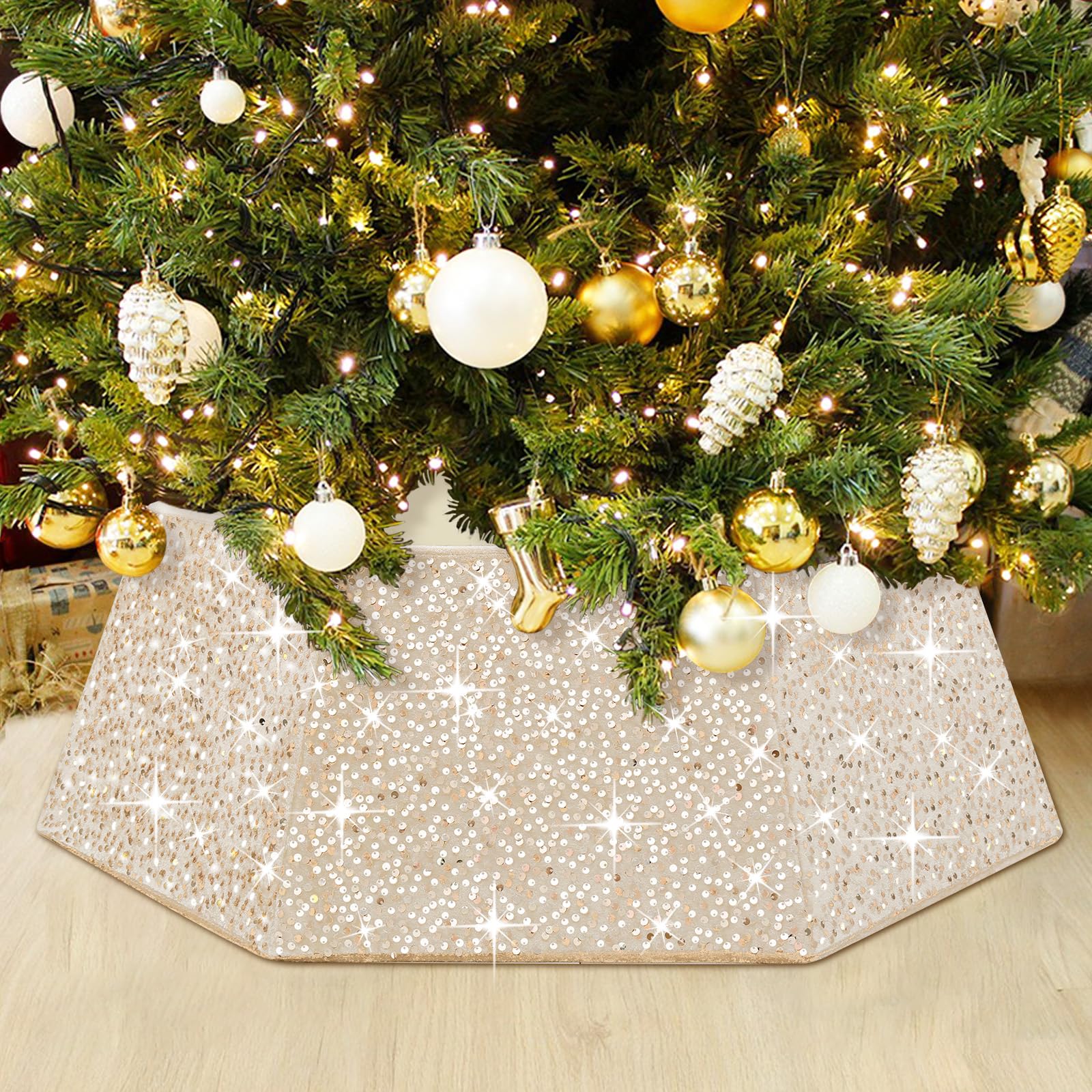 Champagne Gold Tree Collar 31.49 Inch Sequin Foldable Christmas Tree ...