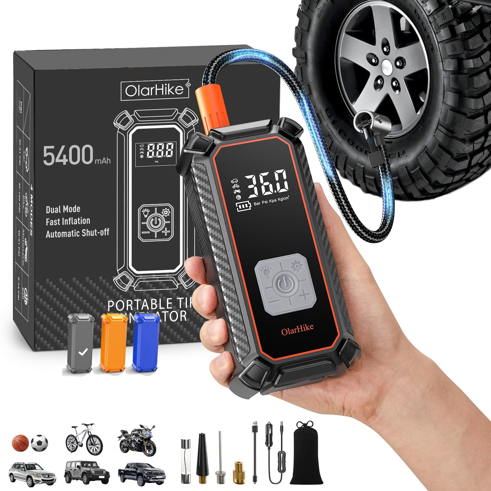 OlarHike Cordless Tire Inflator Portable Air Compressor, 150PSI Dual Mode, 5400mAh Auto Air Pump ...