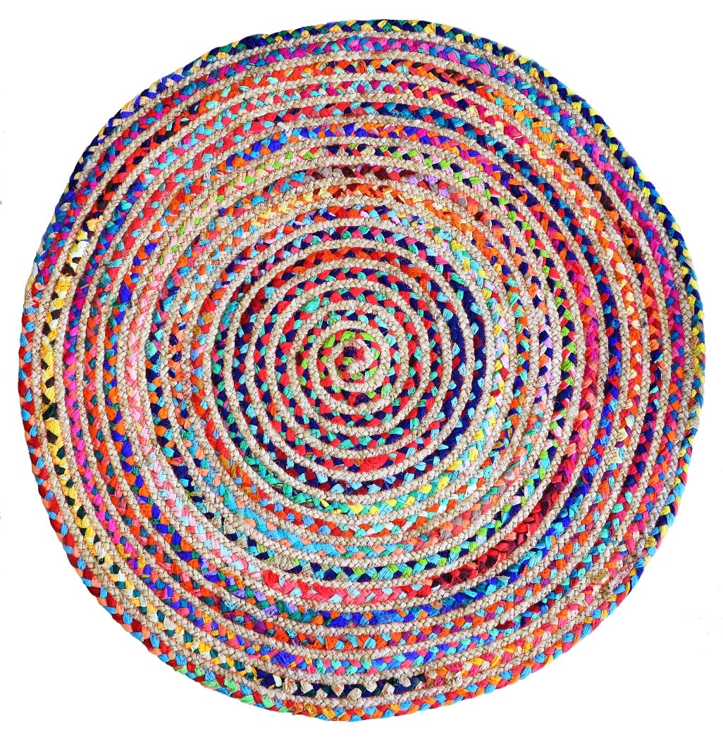Fernish Décor Round Rag Area Rug, Jute & Cotton Multi Chindi Braid Rug ...