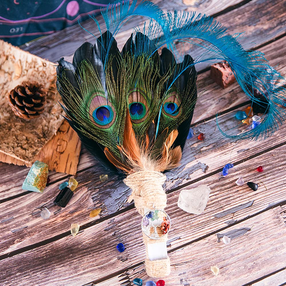 Witch's Wand Feather Smudge Wand Shaman Fan with Selenite Stick Handle ...