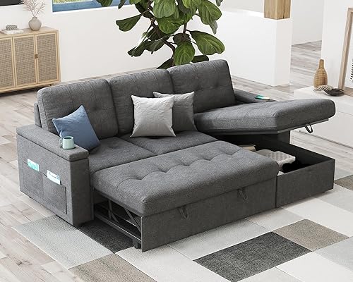 VanAcc Sleeper Sofa, Modern Tufted Convertible Sofa Bed, USB Charging Ports & Cup Holders, L ...