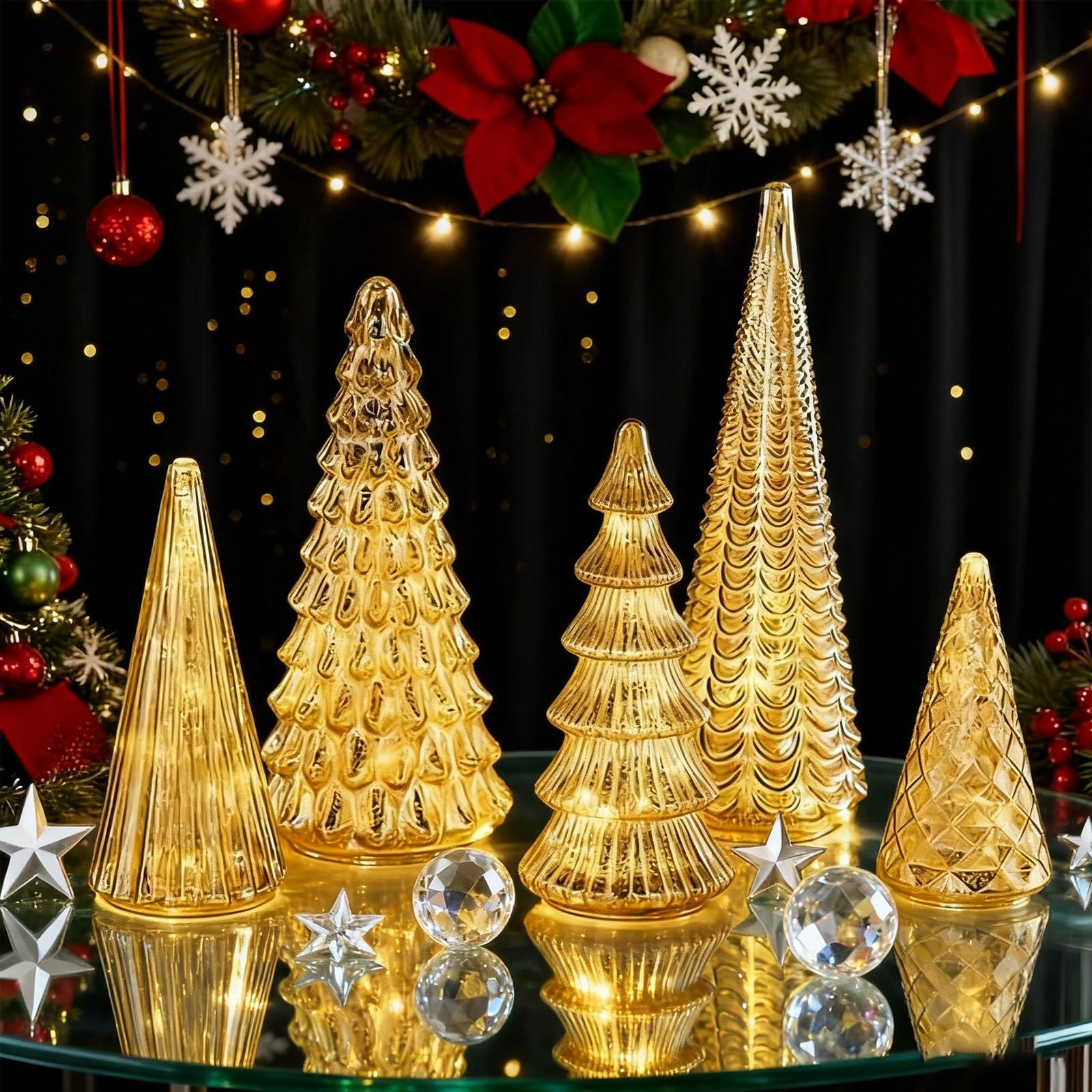 Illuminated Vintage Glass Christmas Tree Set of 5, LED Tabletop Decor ...