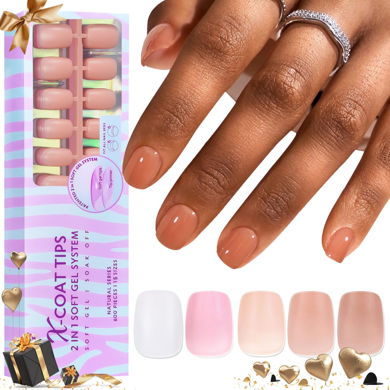 BTArtbox Extra Short Nail Tips Square - 600 Pcs Gel Press On Nails Natural XCOATTIPS Pre-applied ...