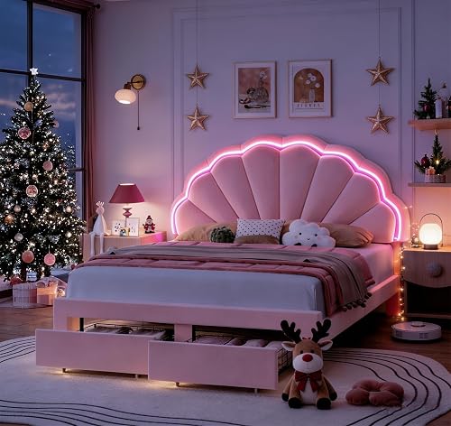 HIFIT Full Size Upholstered Smart LED Bed Frame with 2 Storage Drawers ...