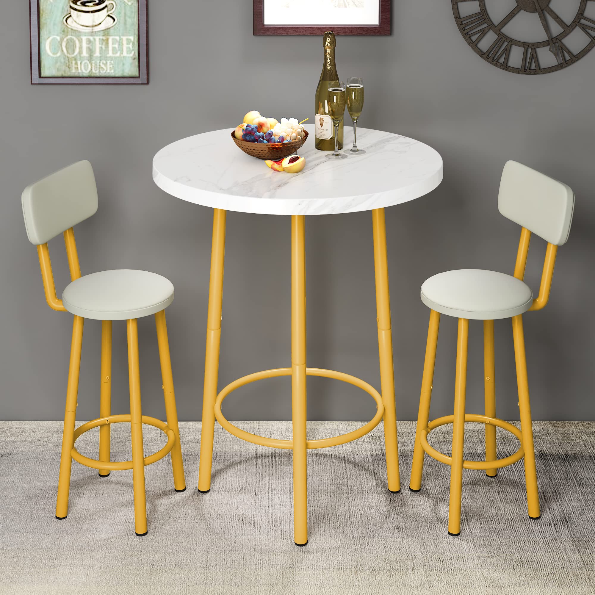 AWQM 3-Piece Round Bar Table Set for 2, Faux Marbled Tabletop and ...