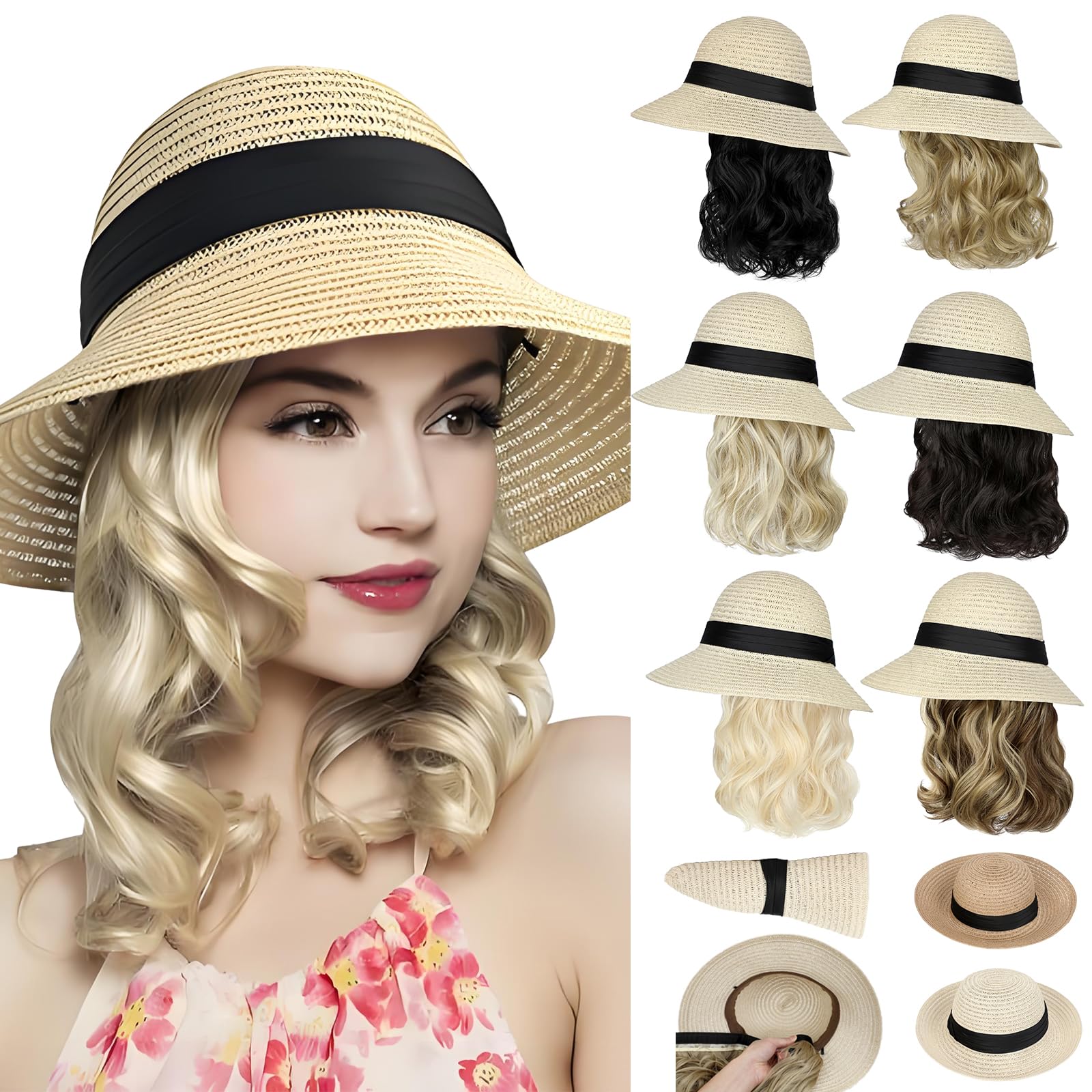 Cephermer Sun Hat, Straw Hat Wig Detachable Adjustable Cap with 12 Inch ...