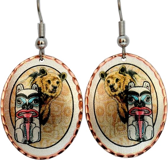 Copper Artisan Alaska Jewelry of Bear Totem Animal Earrings, Oval Shape ...