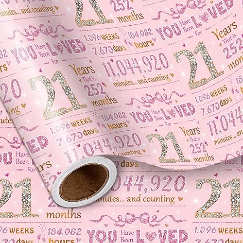 LeZakaa 21st Girls Birthday Wrapping Paper, Sparkling Pink & Gold ...