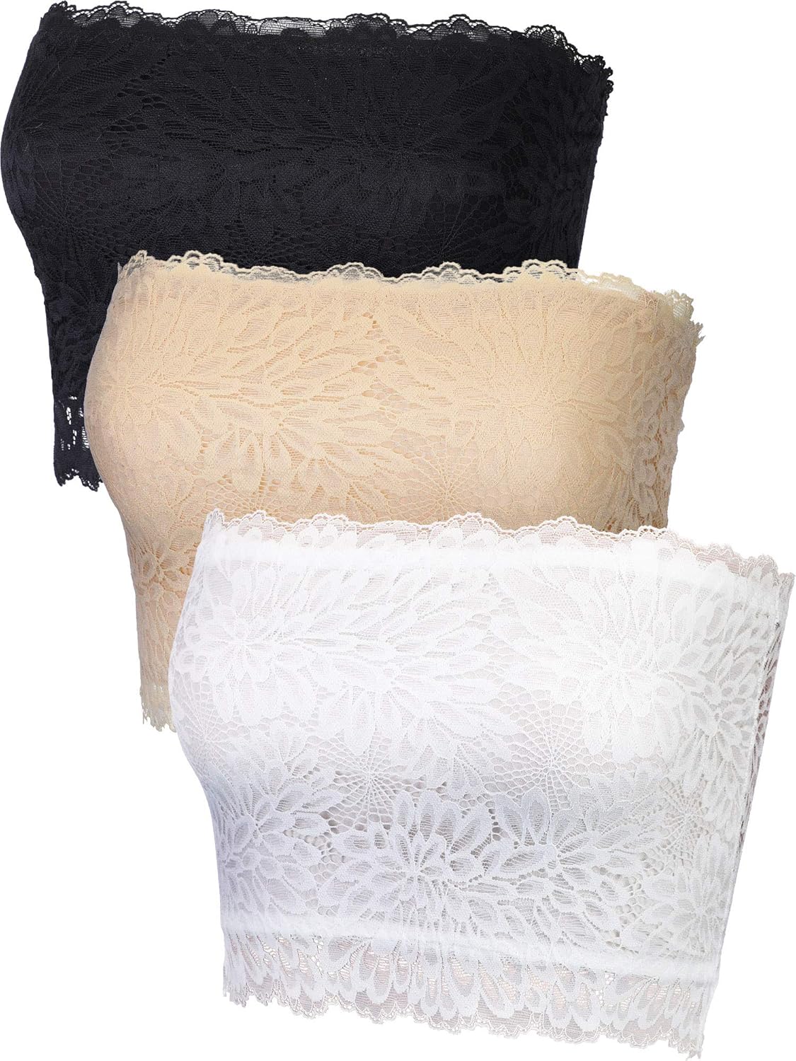 3 Pieces Lace Cami Strapless Bandeau Floral Lace Tube Top Stretchy Tank ...