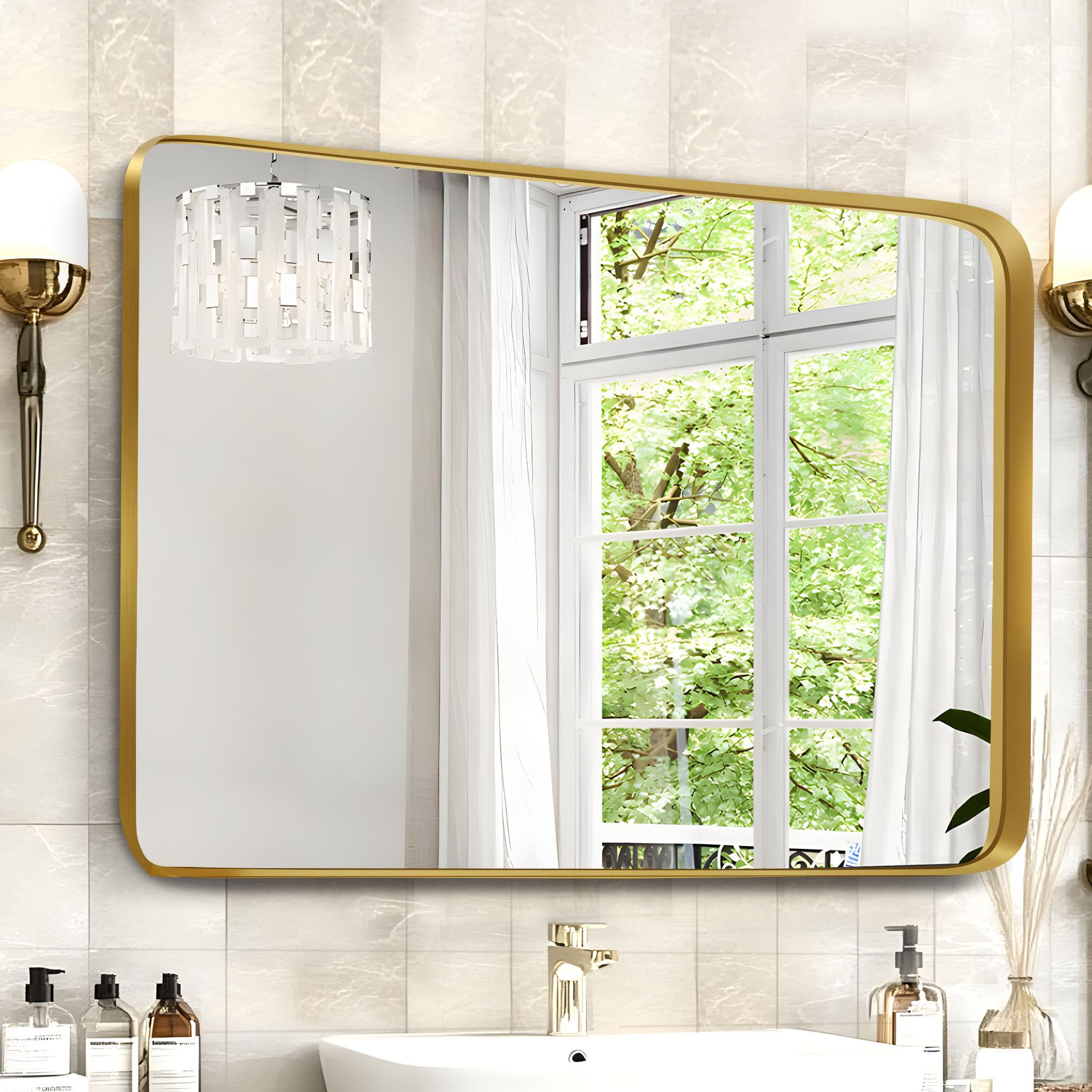 FURNIinspire Bathroom Mirror for Wall, 50x32 Inch Metal Framed Rounded ...