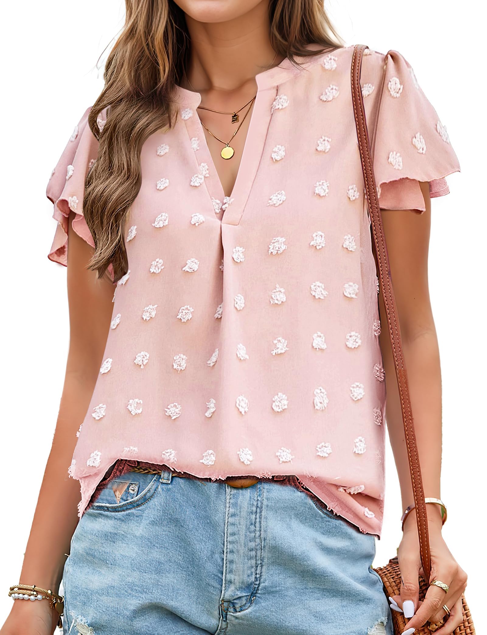 AURUZA Womens Blouse V Neck Ruffle Short Sleeve Flowy Shirts Dressy ...