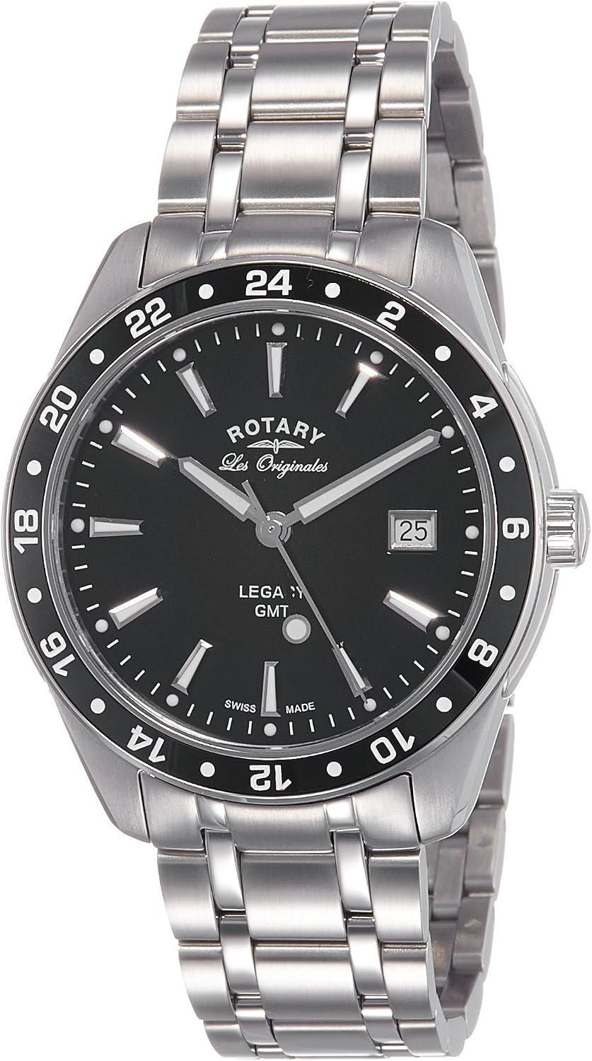 Rotary Legacy GMT Men's Quartz Watch with Black Dial Analogue Display ...