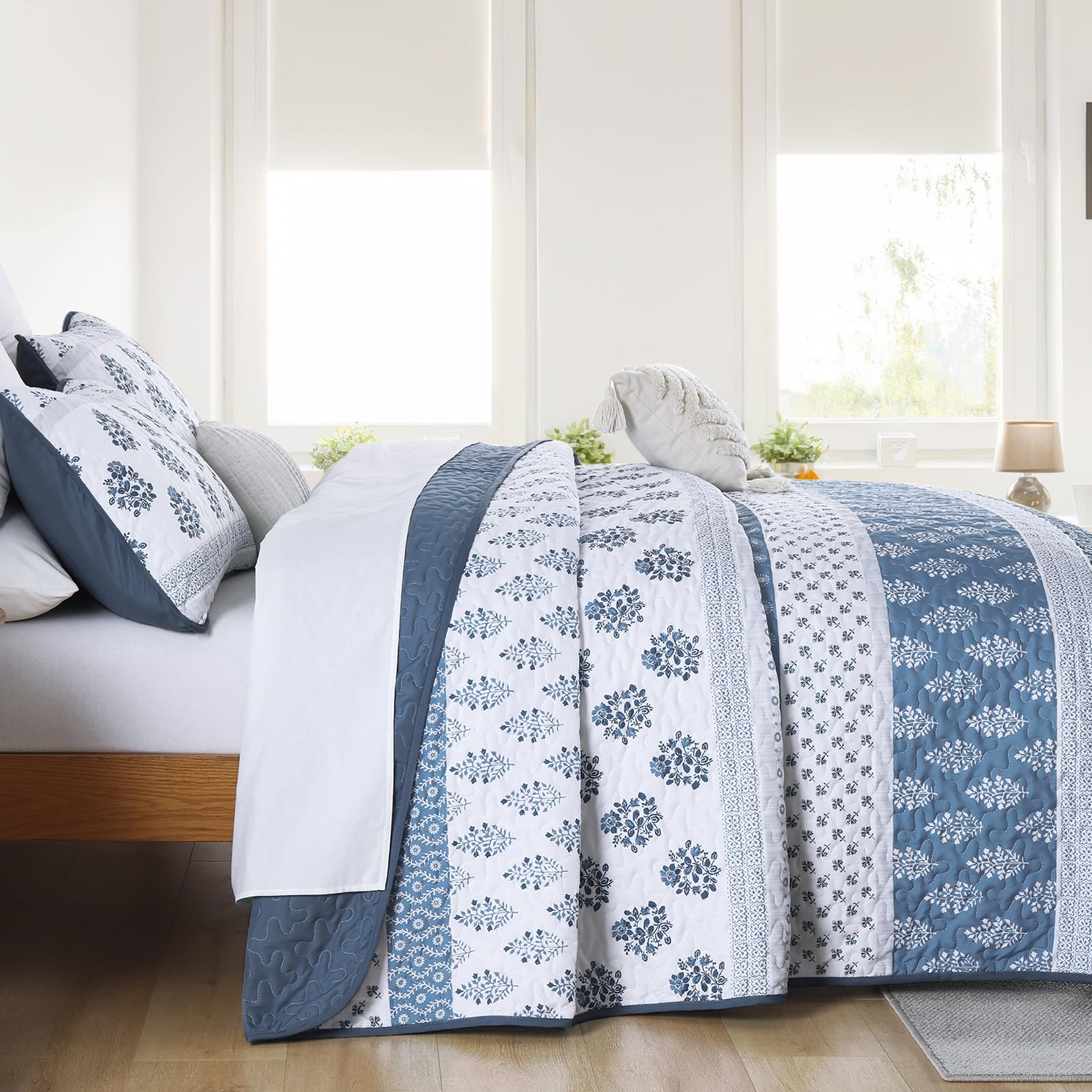 Cottolester Blue Quilt Set King Size,Boho Striped Quilt Bedding Set ...