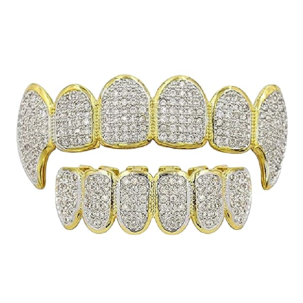 24K Plated Gold Diamonds Fangs Joker Gold Grillz for Mouth Top Bottom ...
