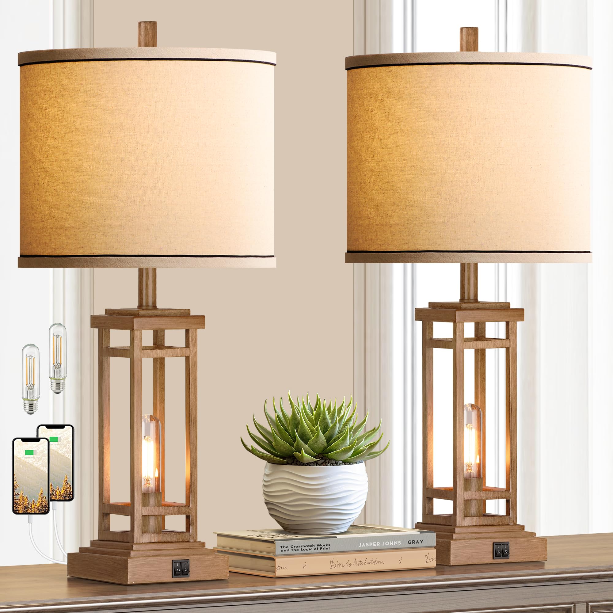 ROTTOGOON 27.5 Tall Farmhouse Table Lamps with USB C + USB A Charge ...