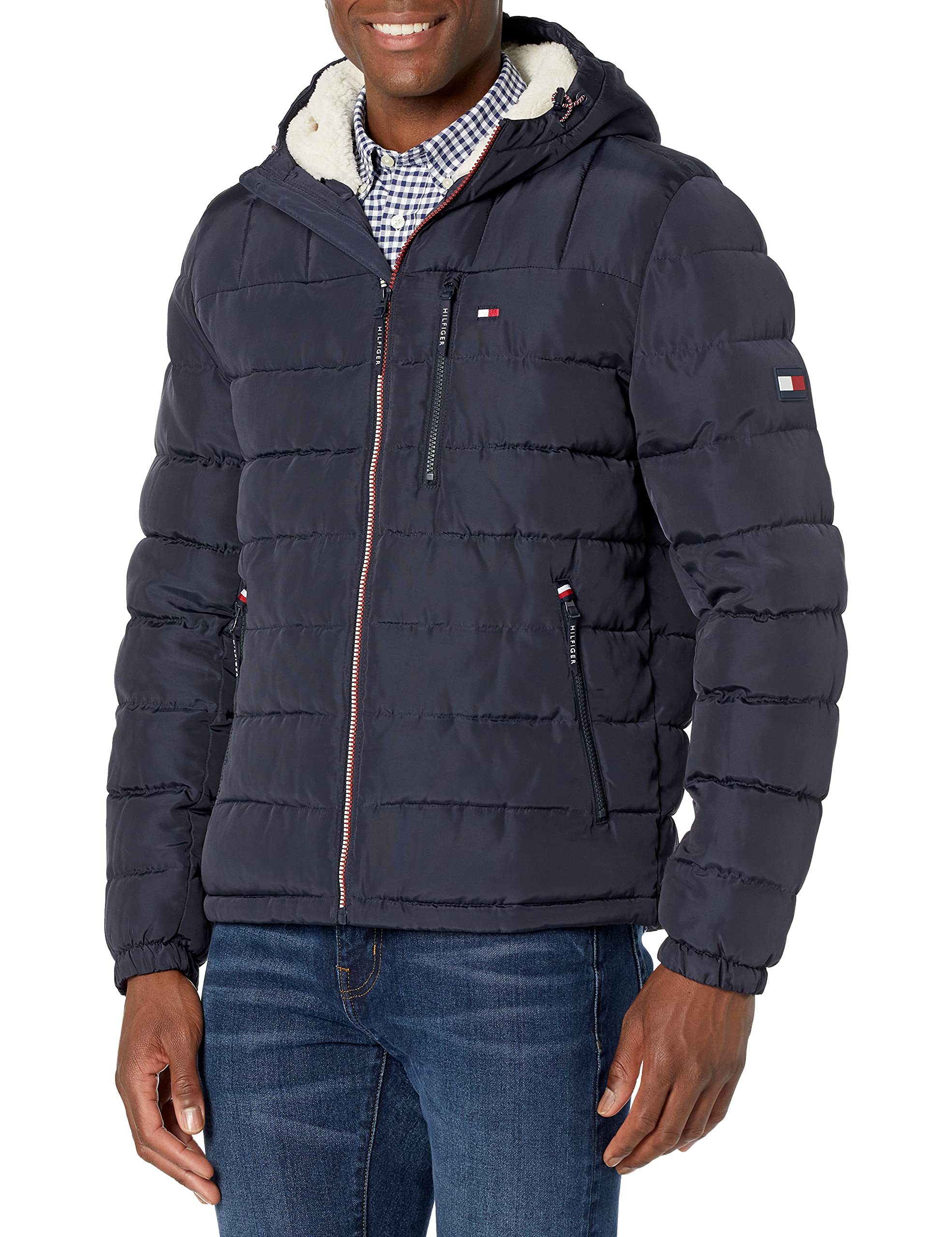 Tommy Hilfiger Men's Midweight Sherpa Lined Hooded Water Resistant Puffer Jacket, Midnight Tech ...