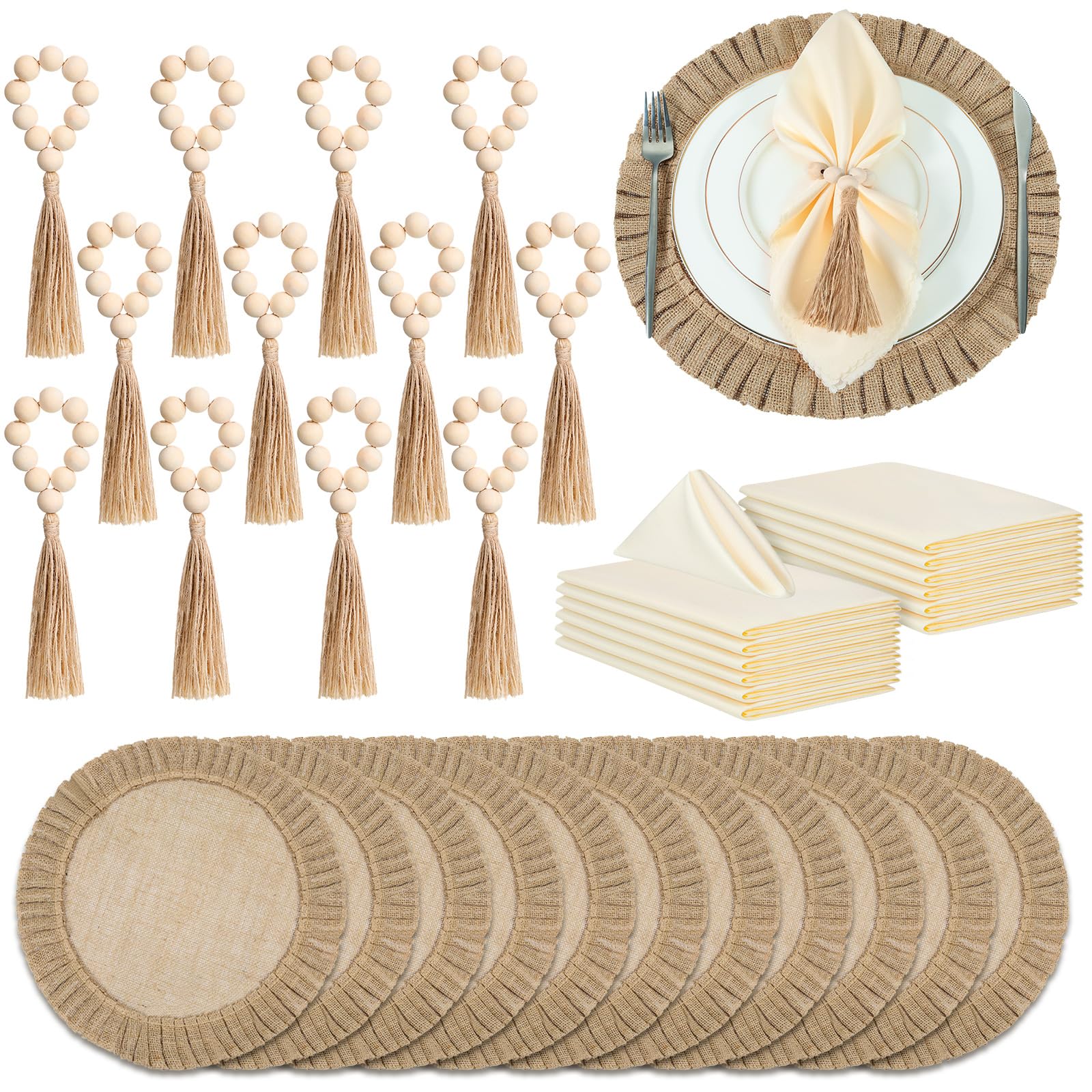Gejoy Round Burlap Placemats Wood Bead Napkin Rings with Dinner Napkins ...