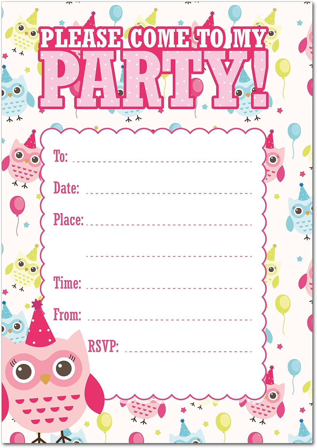 Pack Of 16 A6 Girls Birthday Invite Party Invitations With Owl Party ...
