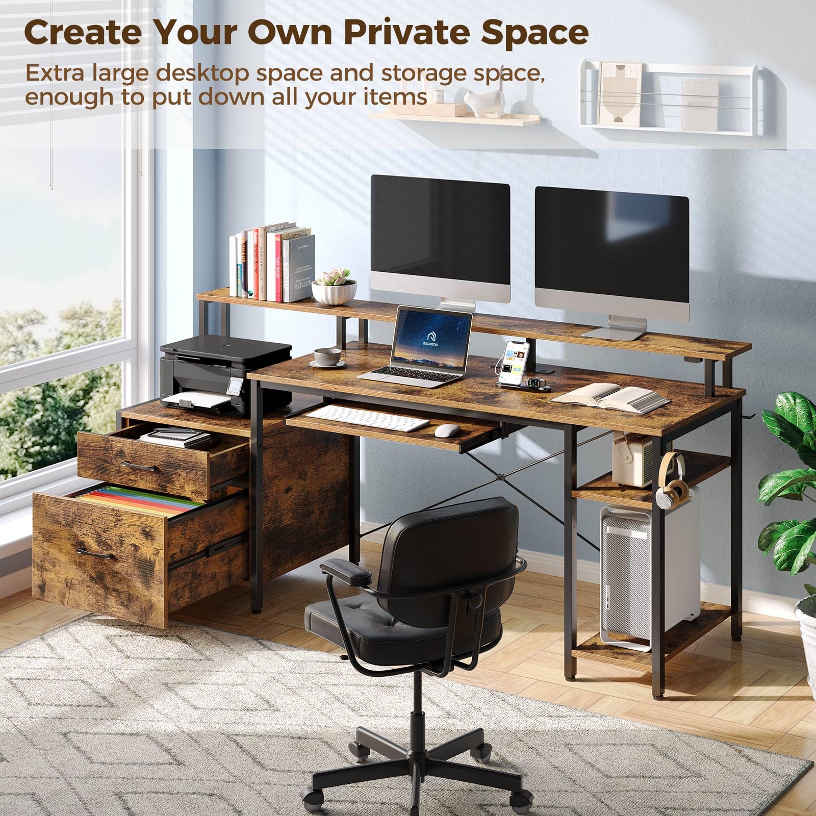 Mua Rolanstar Computer Desk 63" with File Drawer, Gaming Desk with LED ...