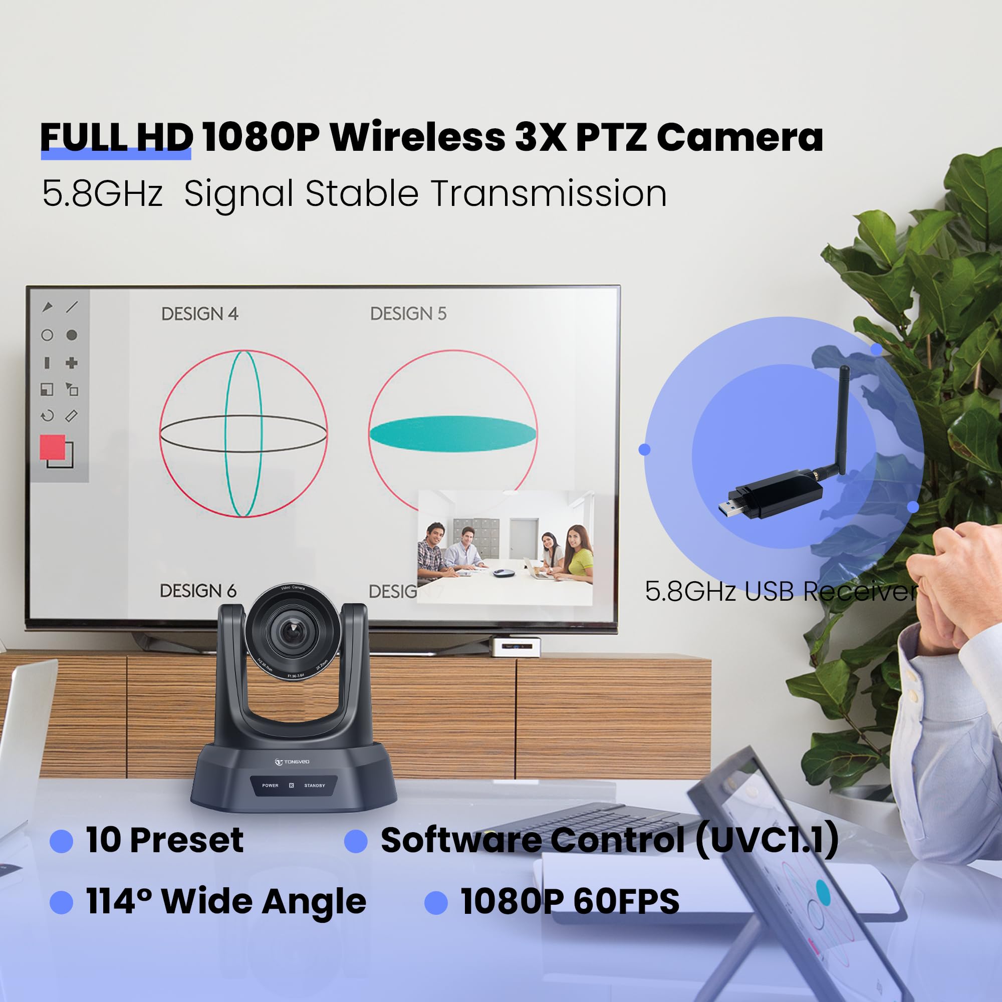 Mua 5.8GHz Wireless Conference Room Camera System | 3X 60fps PTZ Camera ...