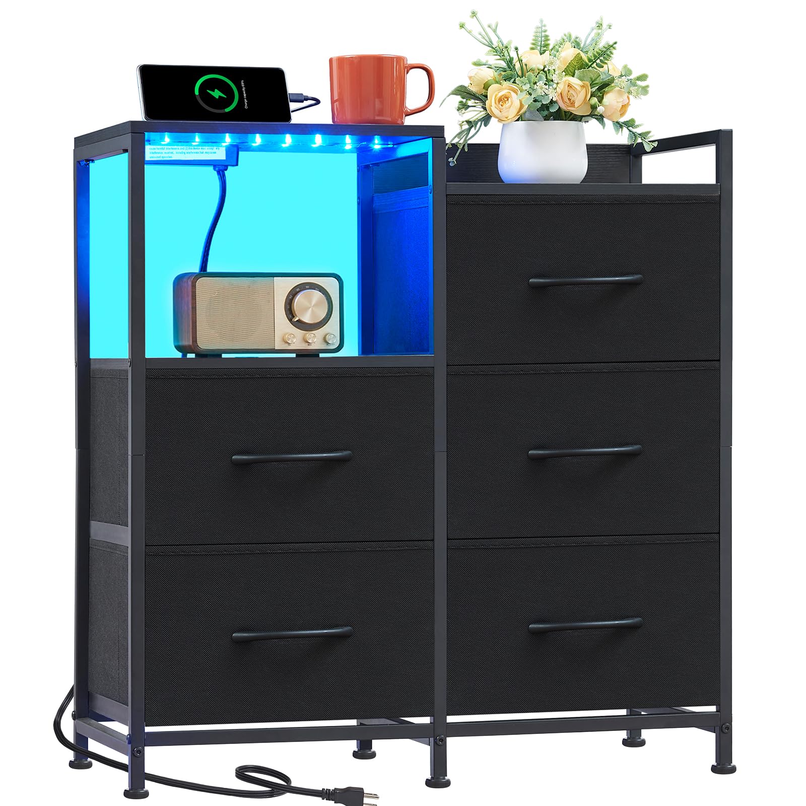 Somdot Black Nightstand with Charging Station and LED Light, Wide 5 ...