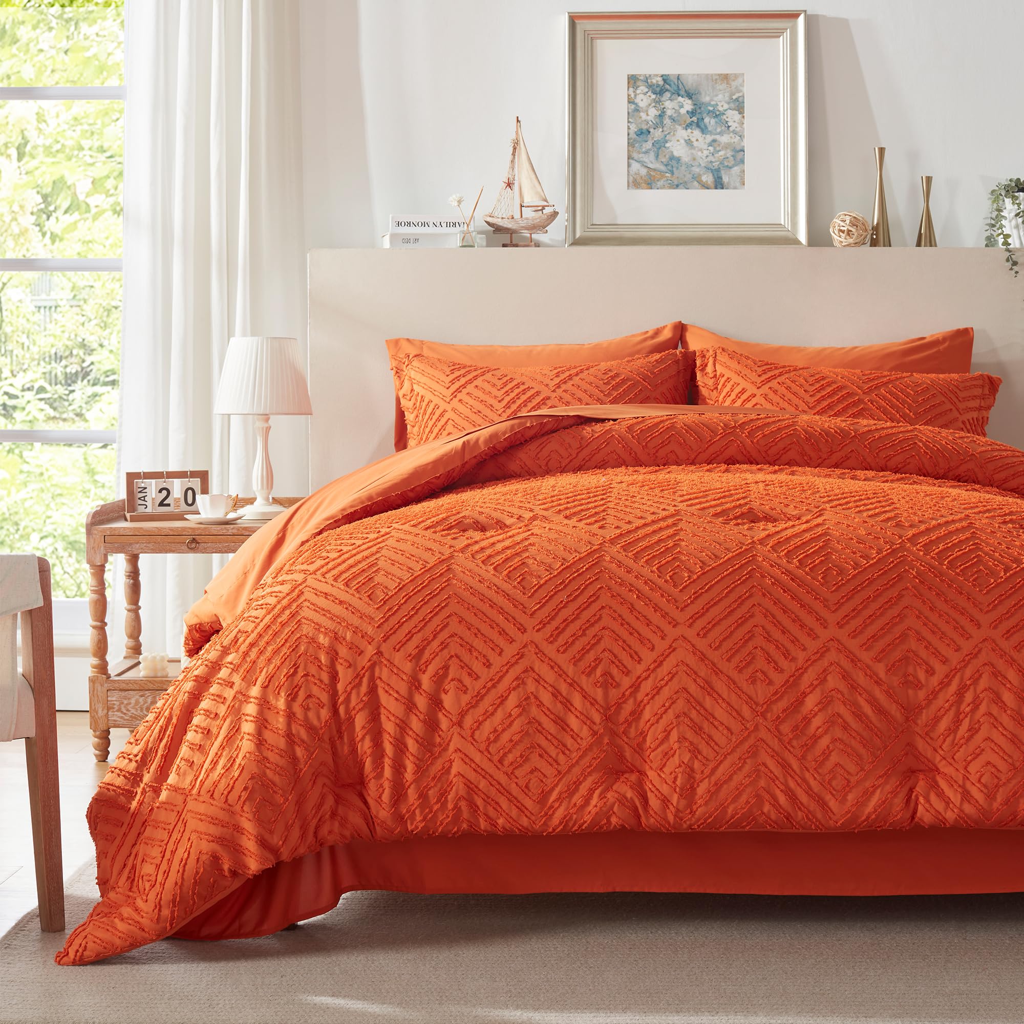 SunStyle Home Burnt Orange Queen/Full Comforter Set 7 Pieces Tufted Bed ...