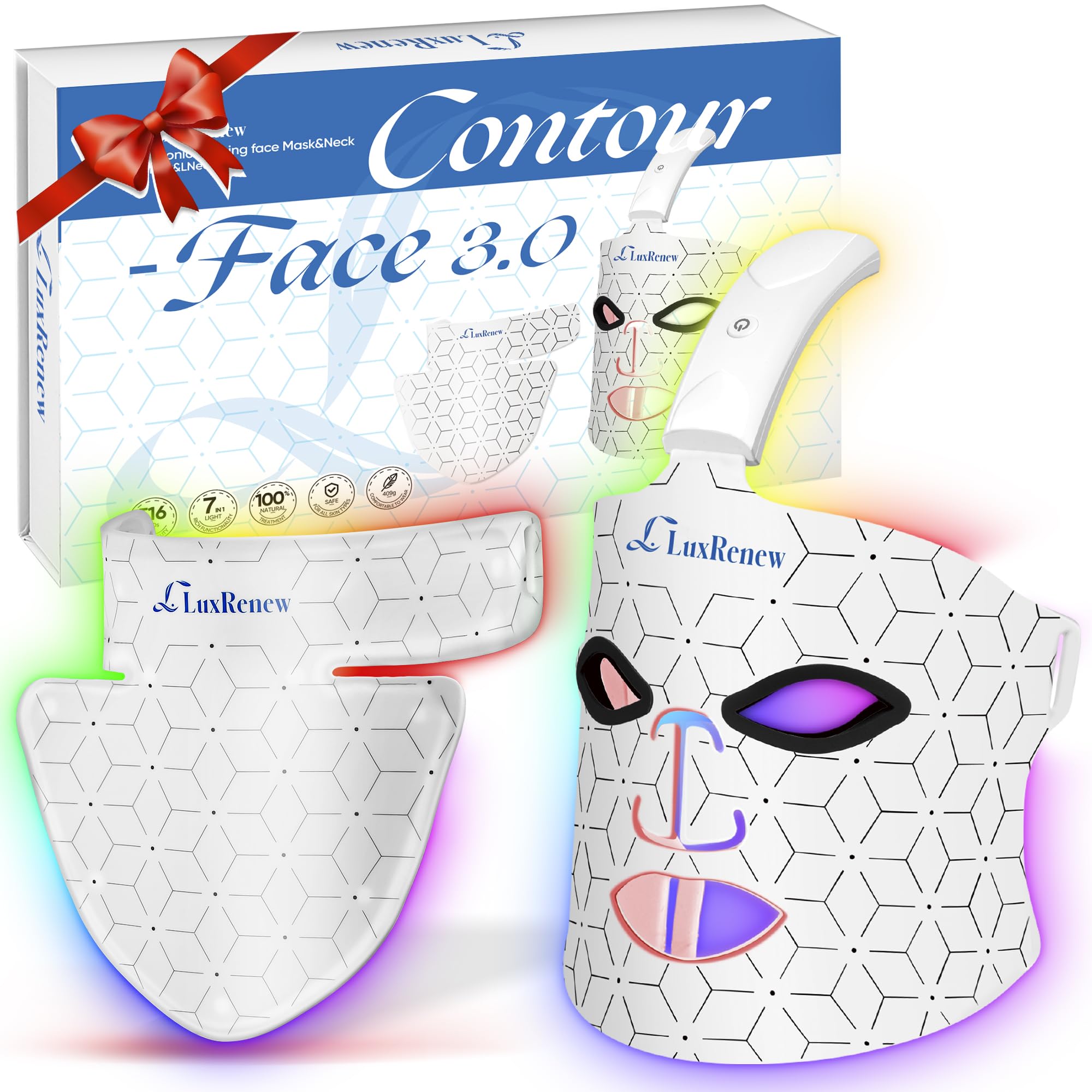 LuxRenew Red Light Therapy Mask & Neck,7 Colors Led Face Mask Light ...