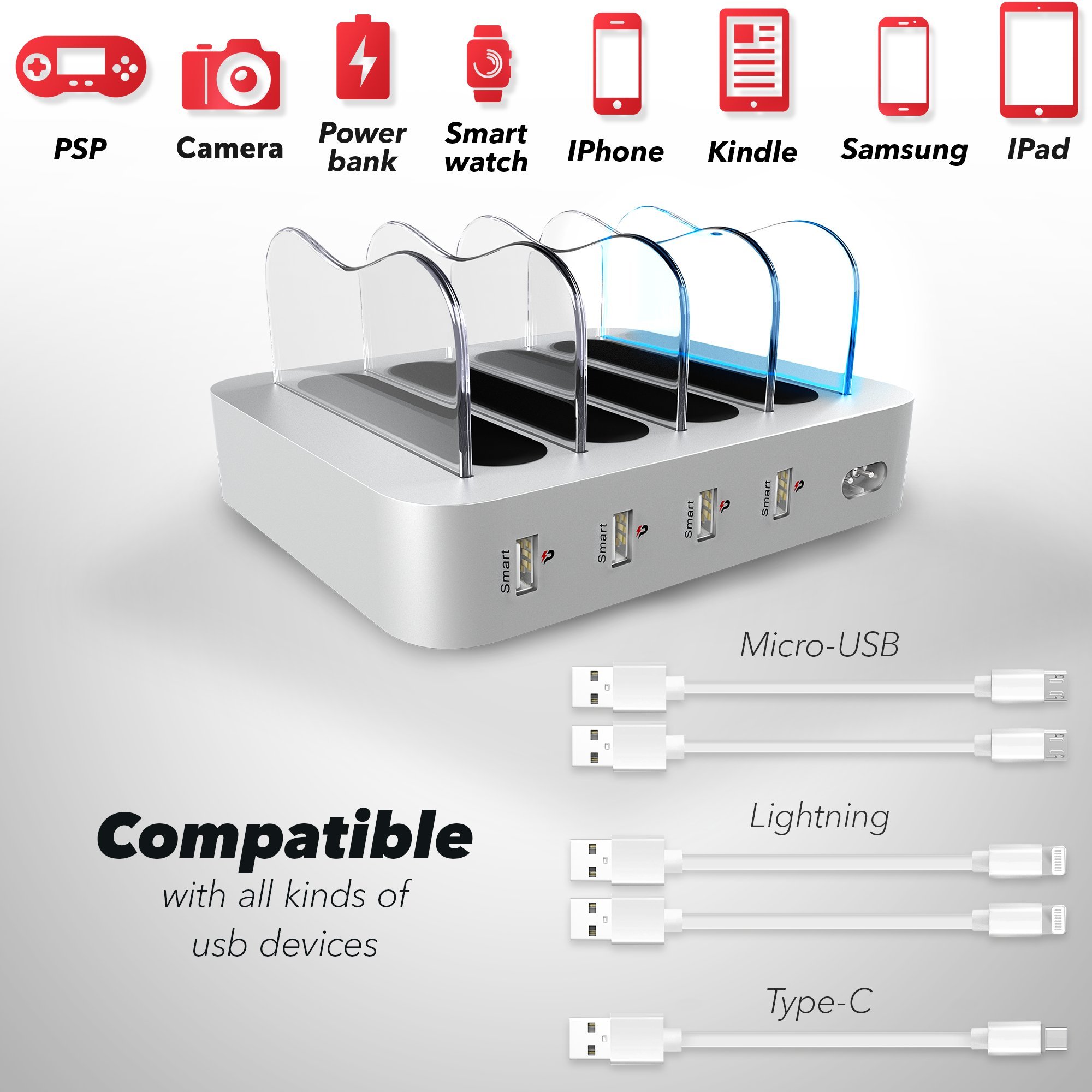 Poweroni USB Charging Station Dock - 4-Port - Fast Charge Docking ...