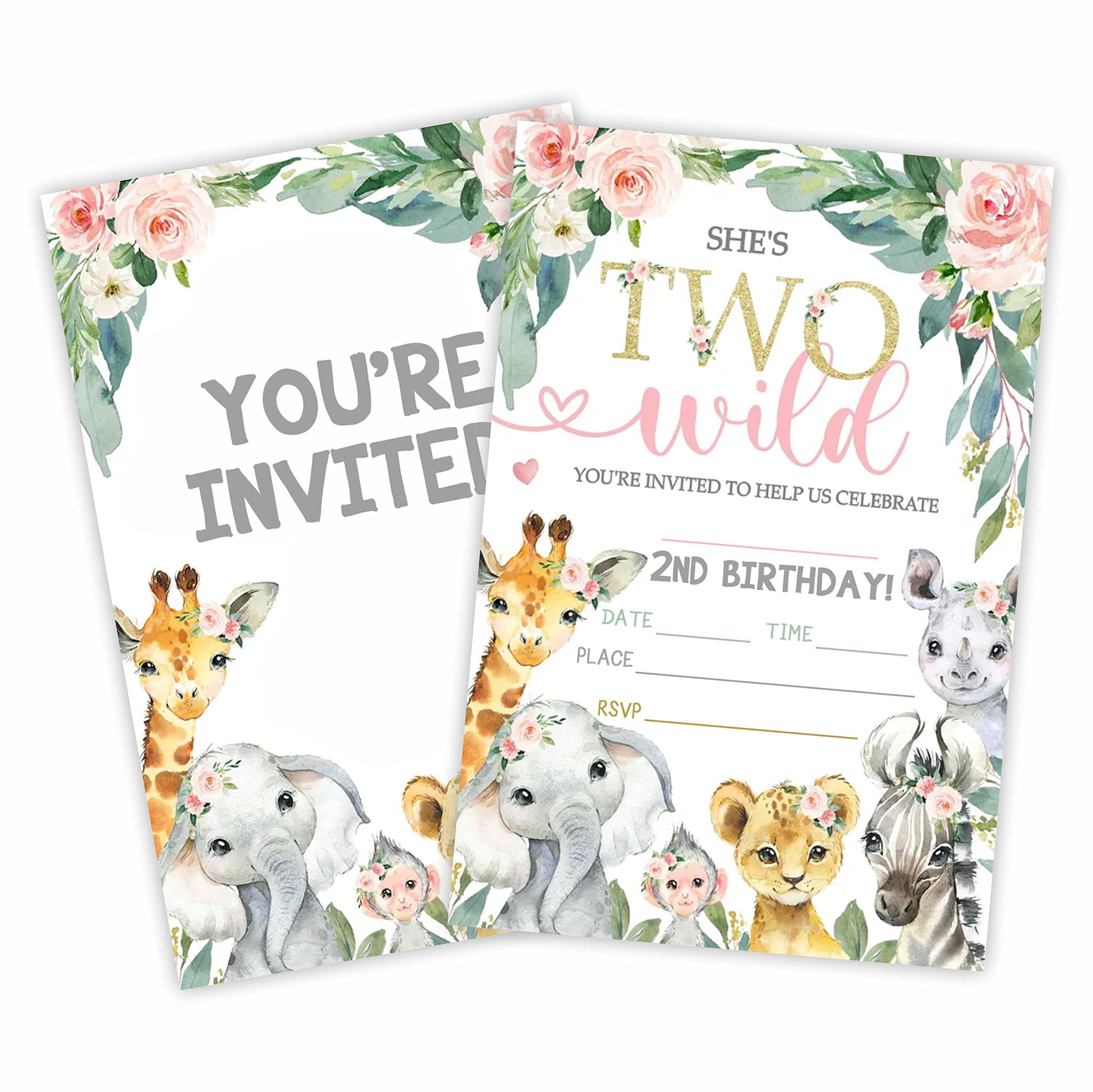 Two Wild Birthday Party Invitation, 2Nd Jungle Animals Invite Cards?20 ...