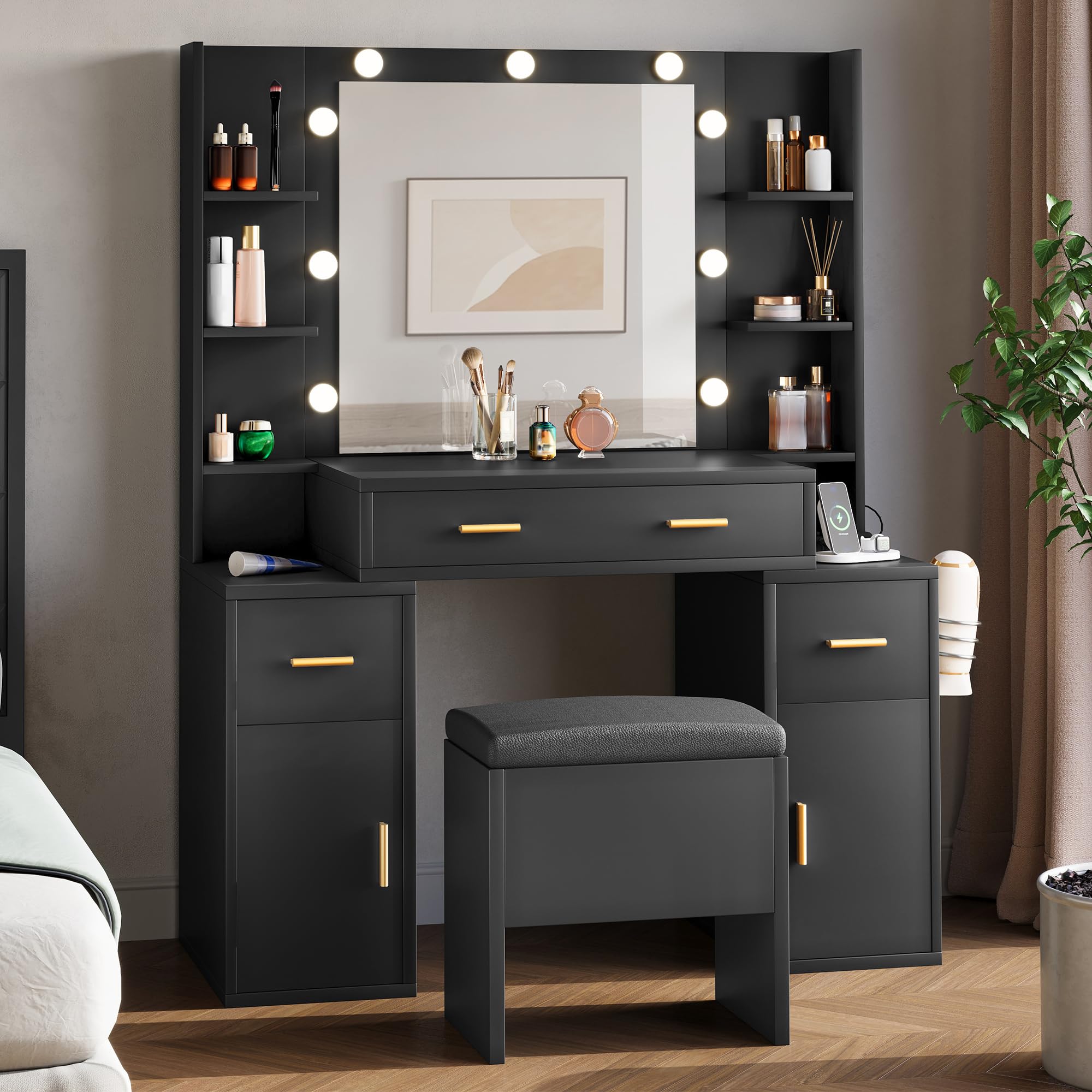 DWVO Dressing Table, Vanity Table Set with Built-in Power Hub, Makeup ...