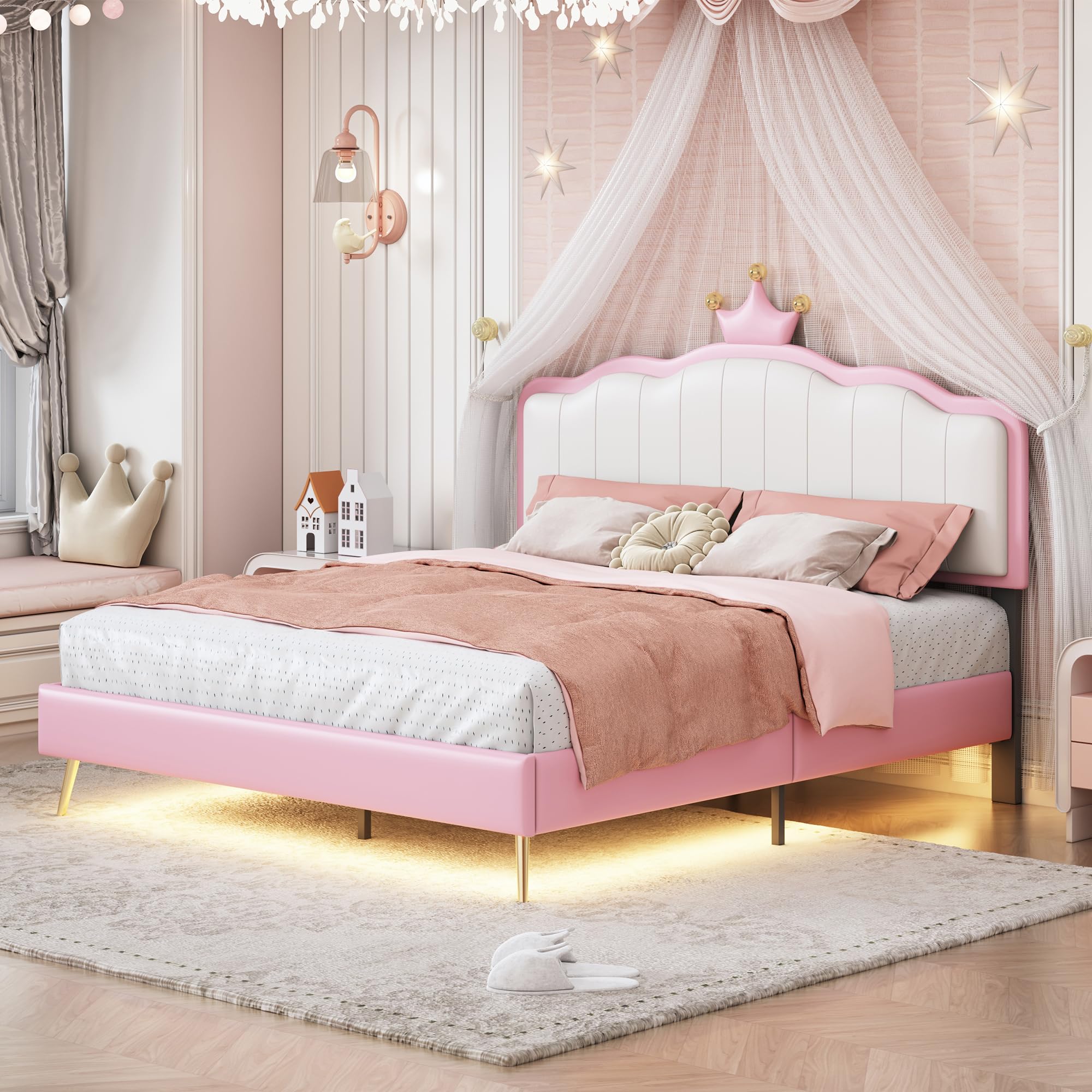 Merax Full Size Bed Frame for Girls,Princess Platform Bed with Light ...